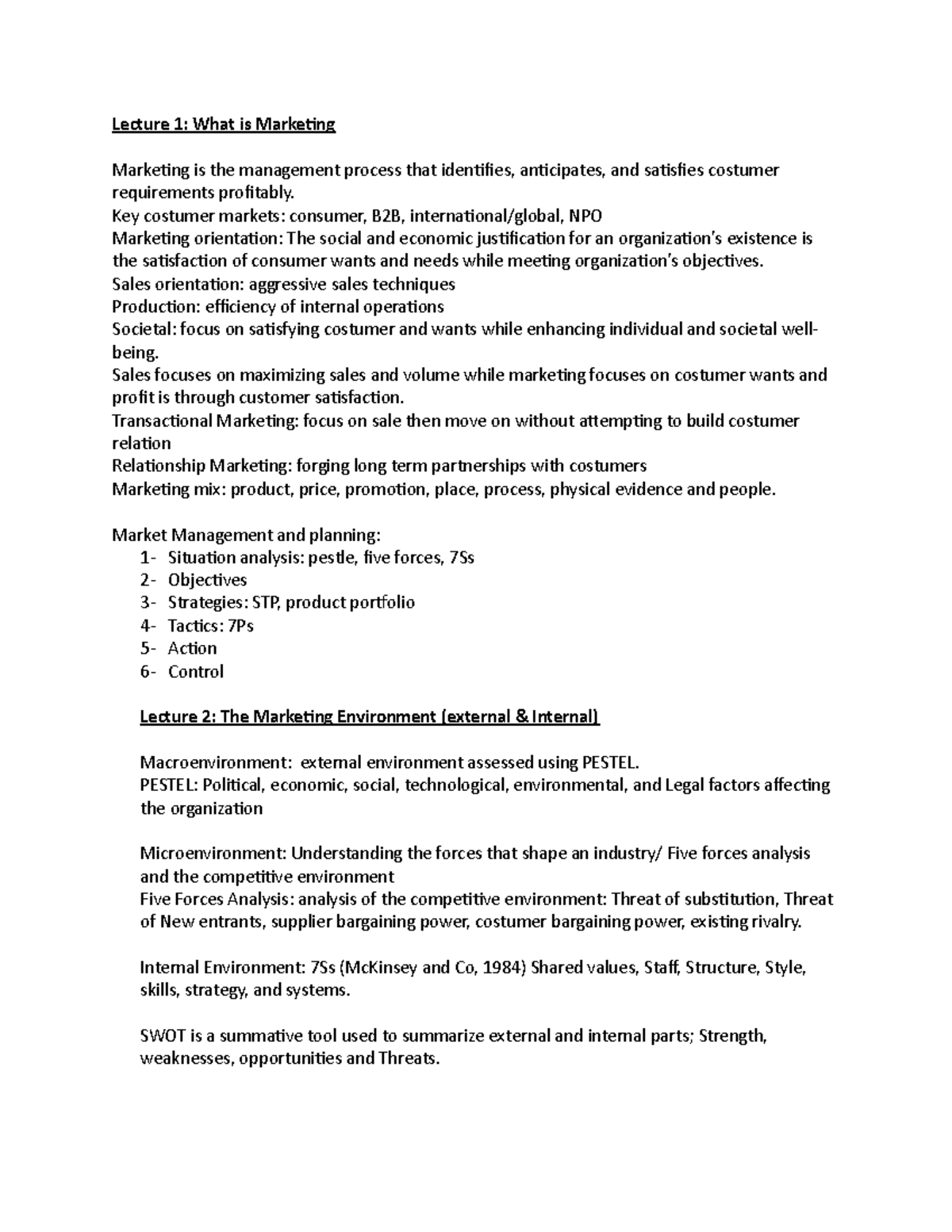Marketing - Lecture notes All lectures 1,2,3,4,5,6,7,8,9,10,11 ...