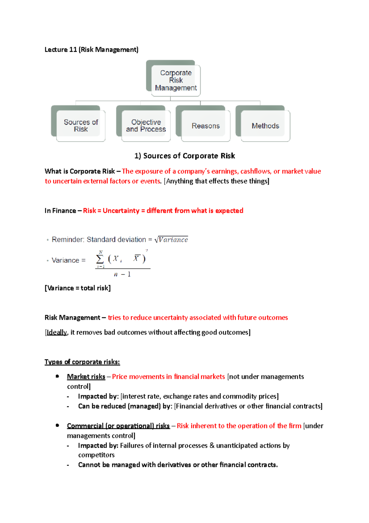 Lecture 11 risk management - Lecture 11 (Risk Management) 1) Sources of ...