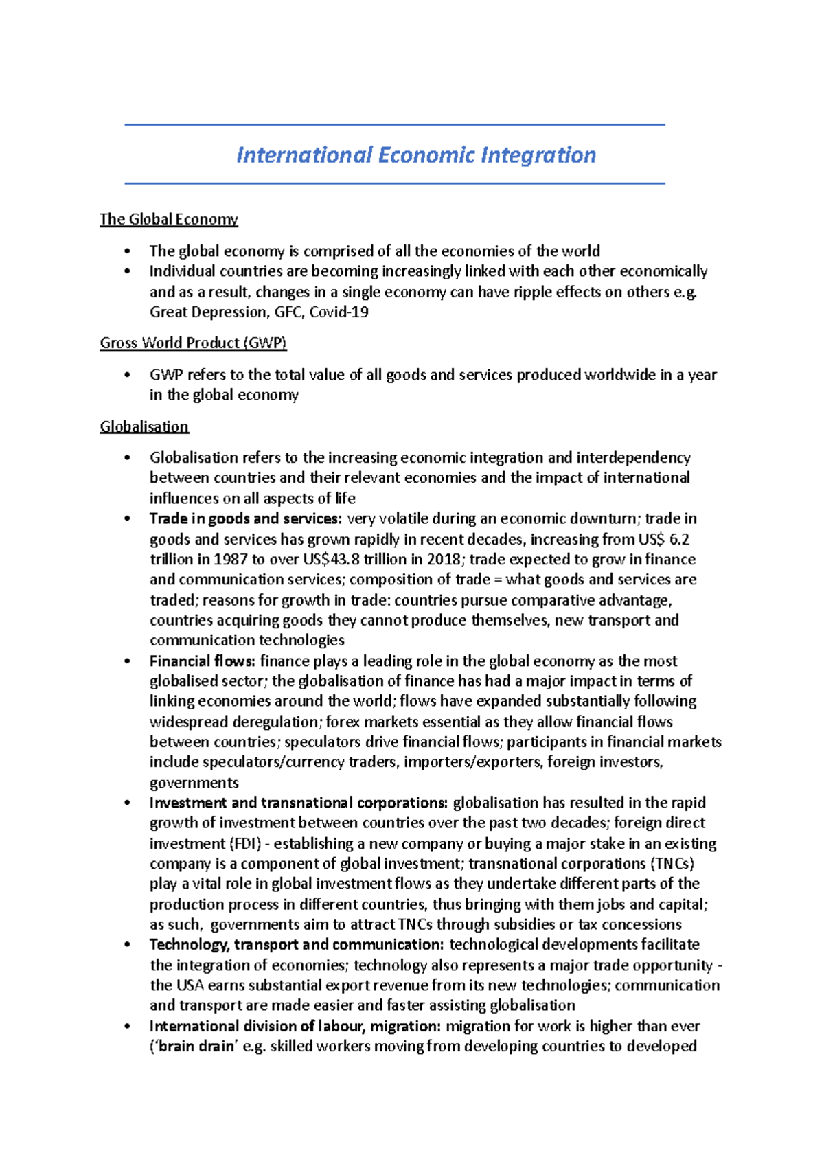 Global Economy Notes 1 - International Economic Integration The Global ...