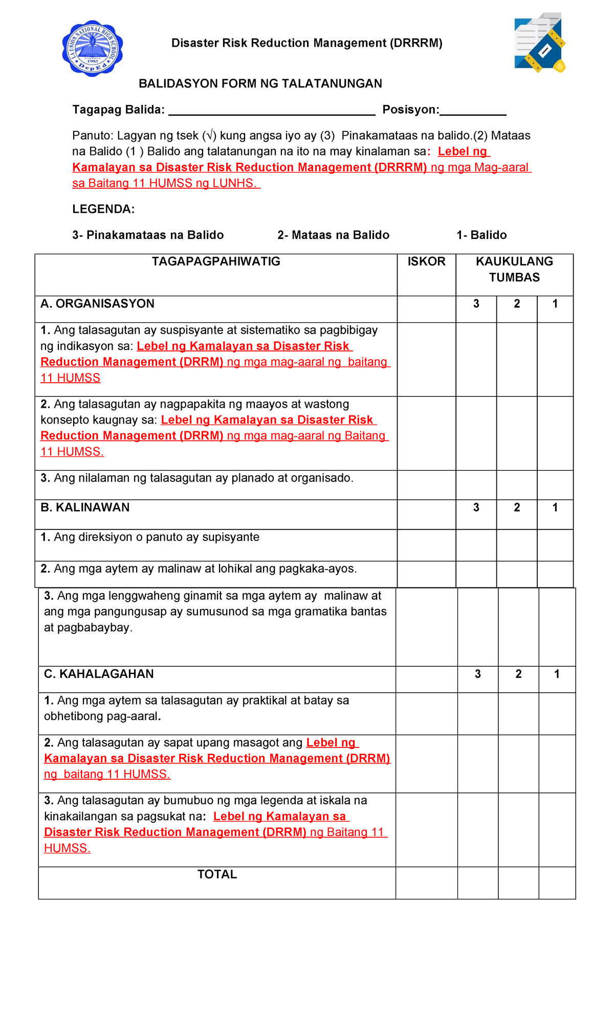 Balidasyon FORM NG Talatanungan 2020 - Disaster Risk Reduction ...