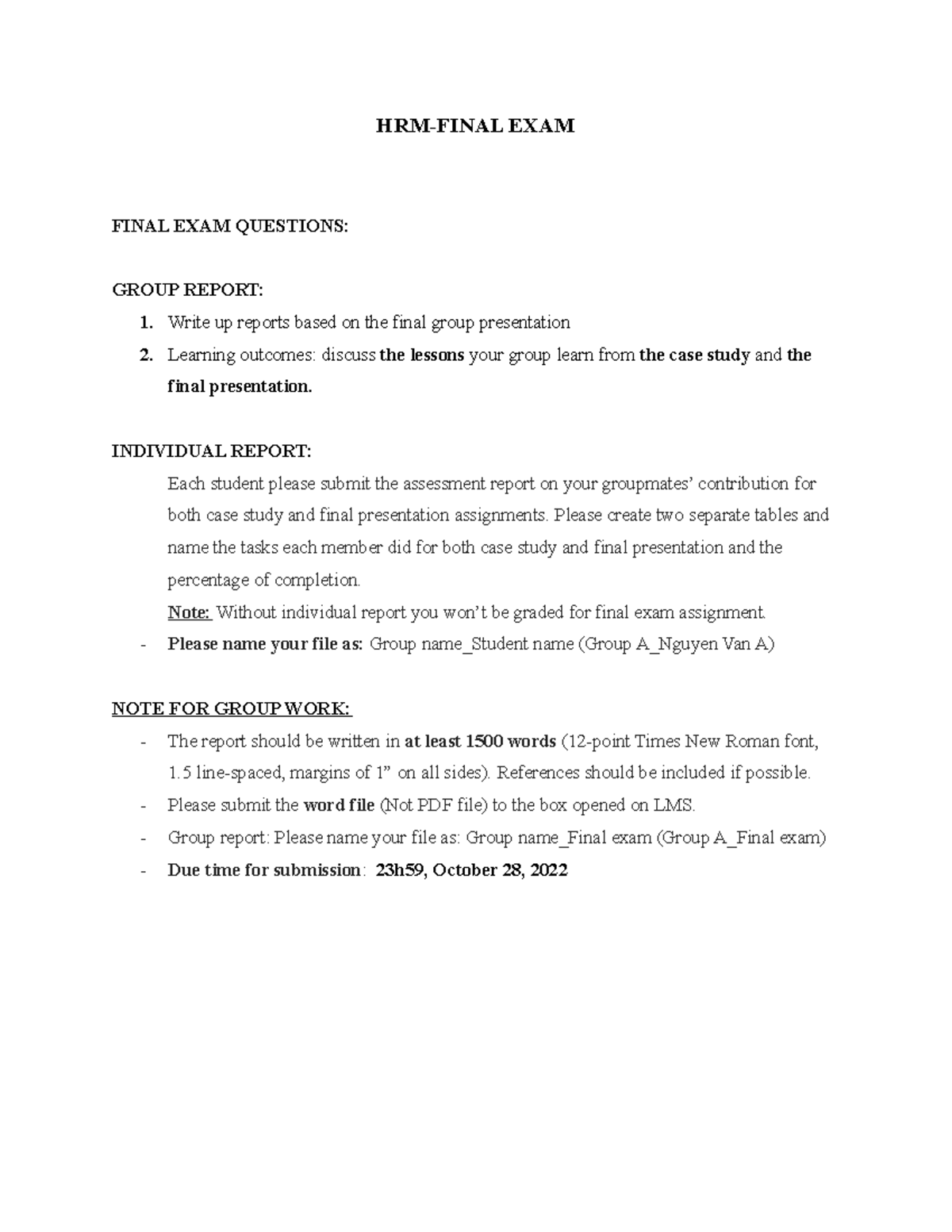 HRM 2022-Group and individual report instructions - HRM-FINAL EXAM ...
