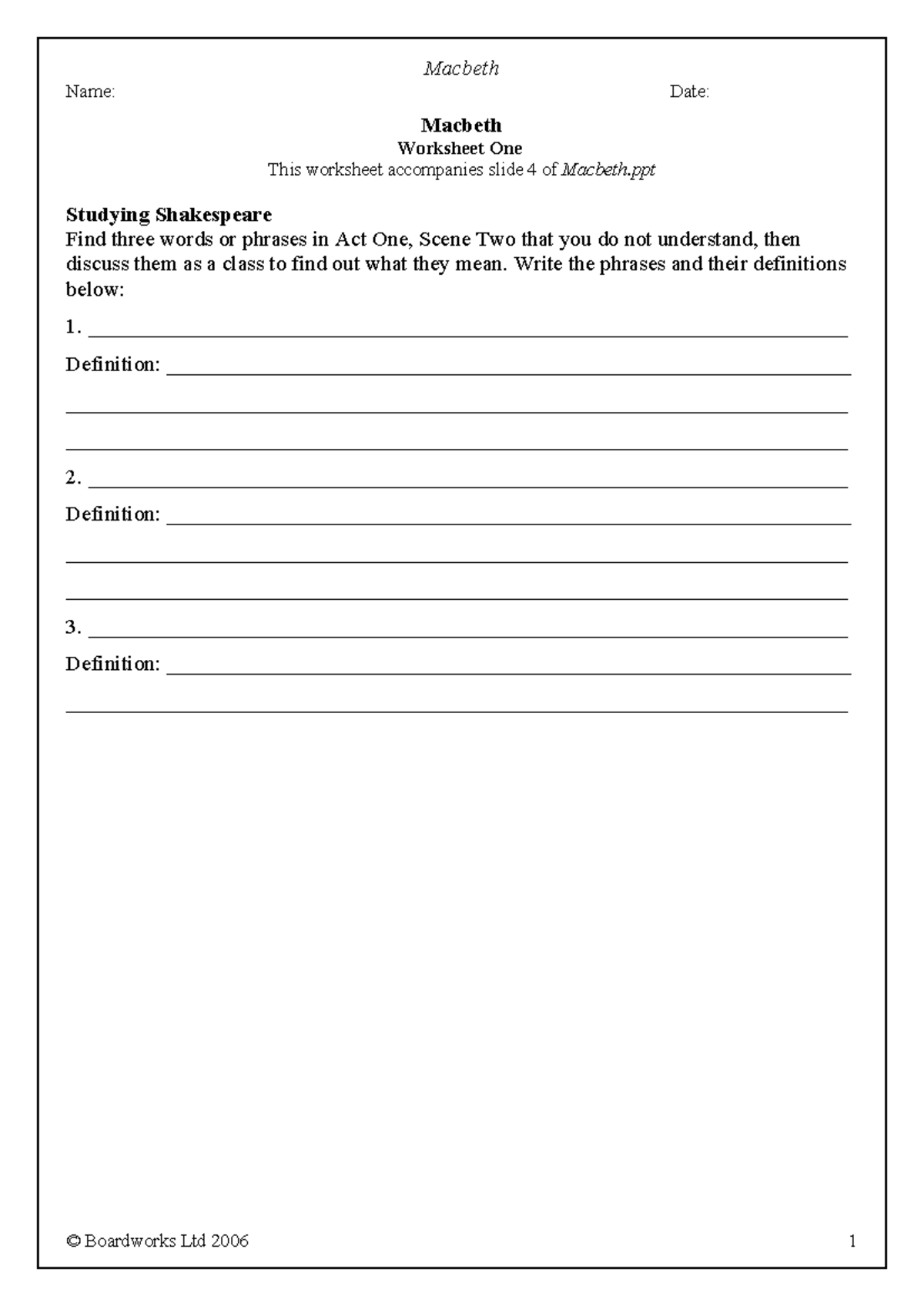Macbethworksheets - hello - Name: Date: Macbeth Worksheet One This ...