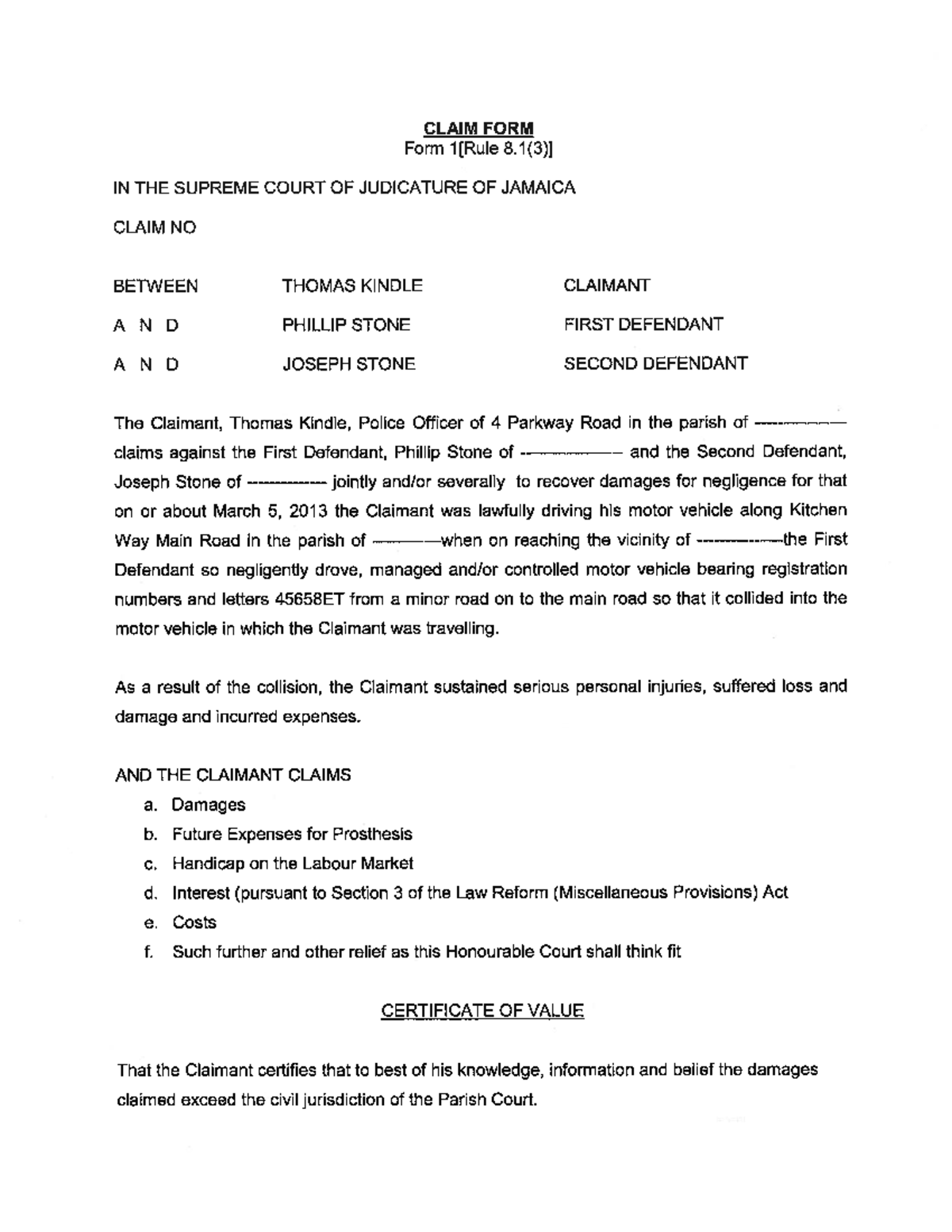 Precedent Claim Form and Notice of Proceedings - Business Law - Warning ...