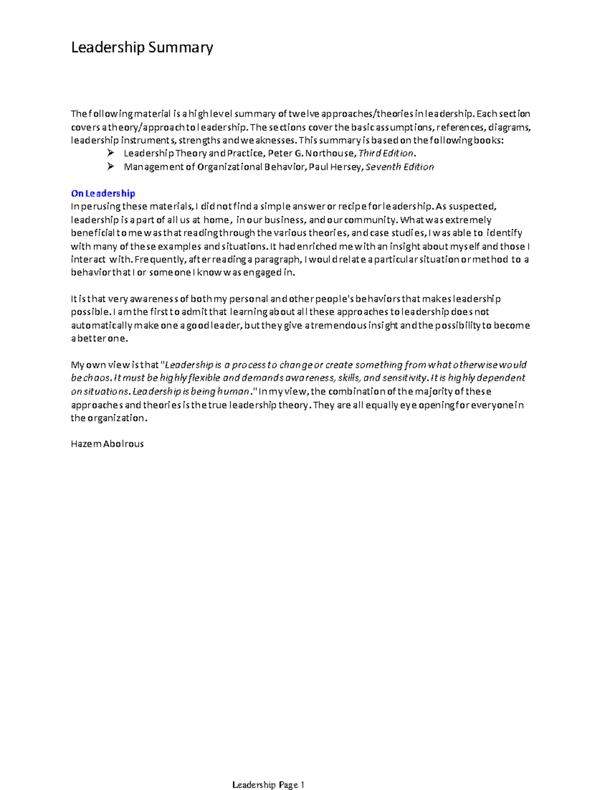 Leadershiptheories - Summary - Leadership Summary The following ...