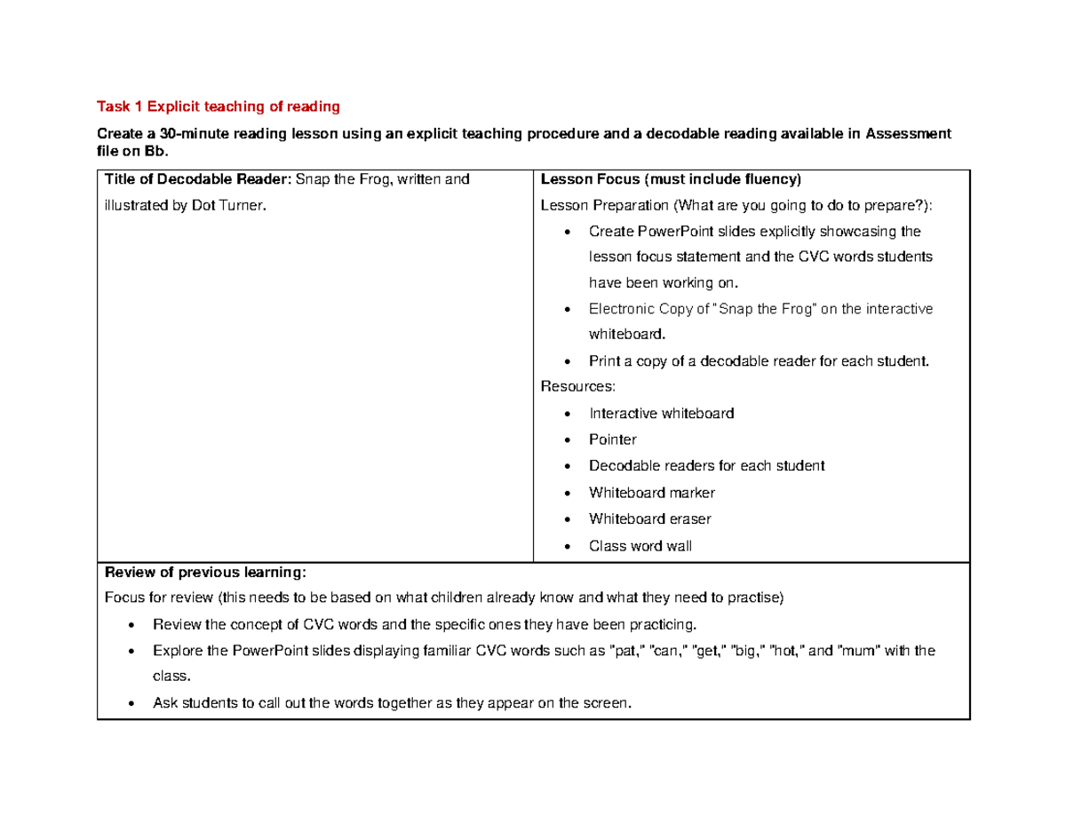 EDC235 20519722 A2 - Assessment 2 - Task 1 Explicit teaching of reading ...