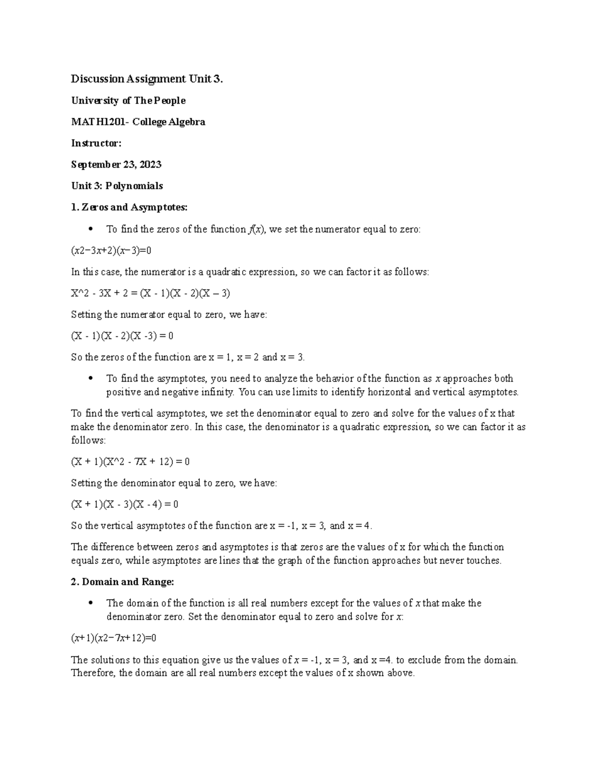 Discussion Assignment Unit 3 - University of The People MATH1201- College Algebra Instructor ...