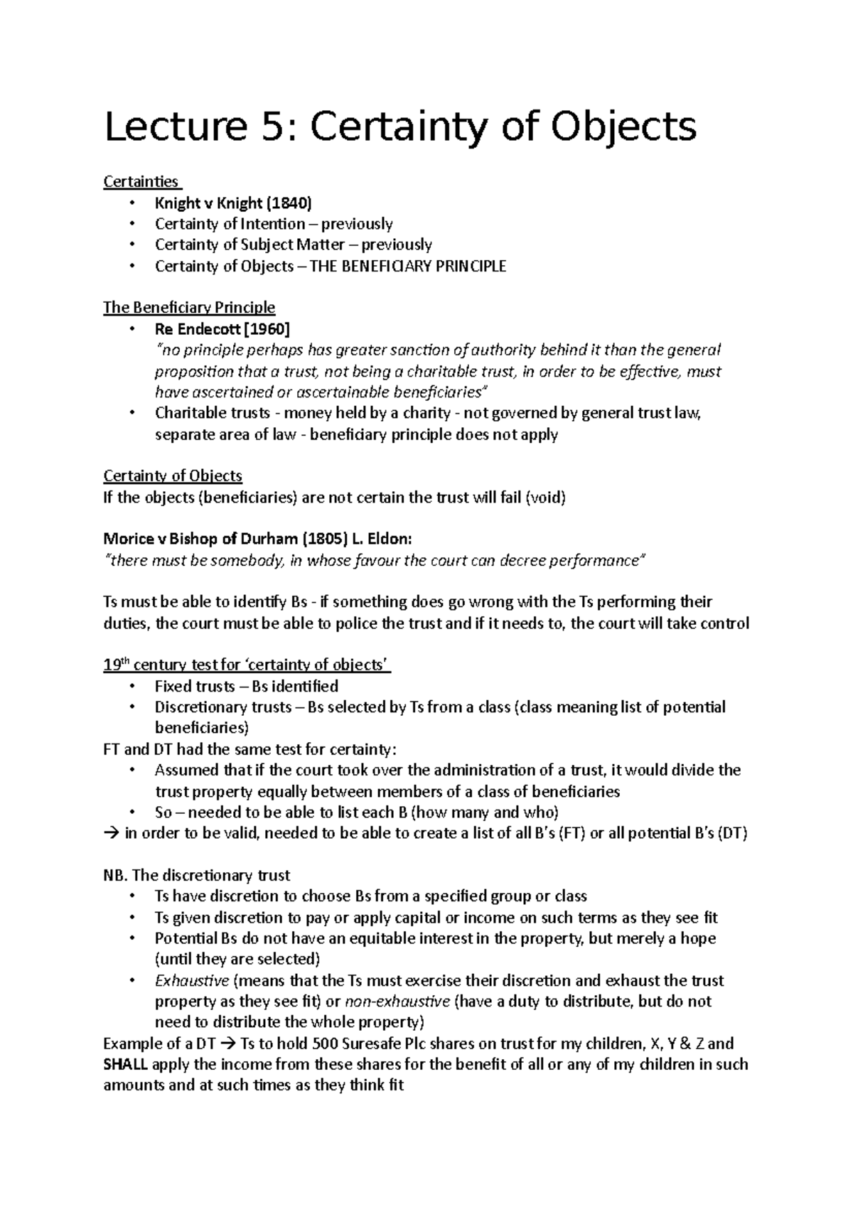 Lecture 5 - Alison Cronin - Lecture 5: Certainty of Objects Certainties Knight v Knight (1840 ...