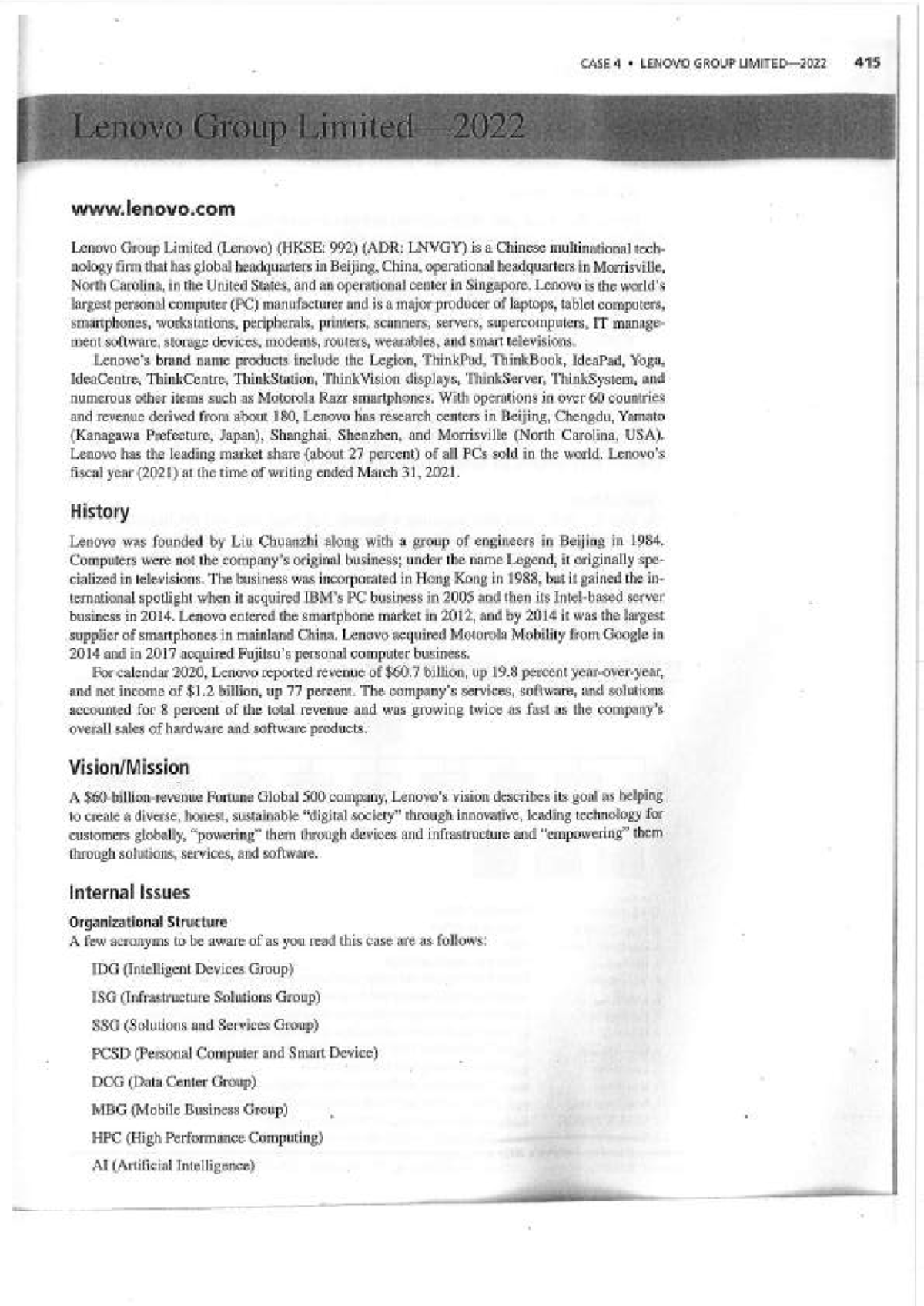lenovo case study - CASE 4 LENOVO GROUP 415 Lenovo Group Limited 2022 Lenovo Group Limited ...