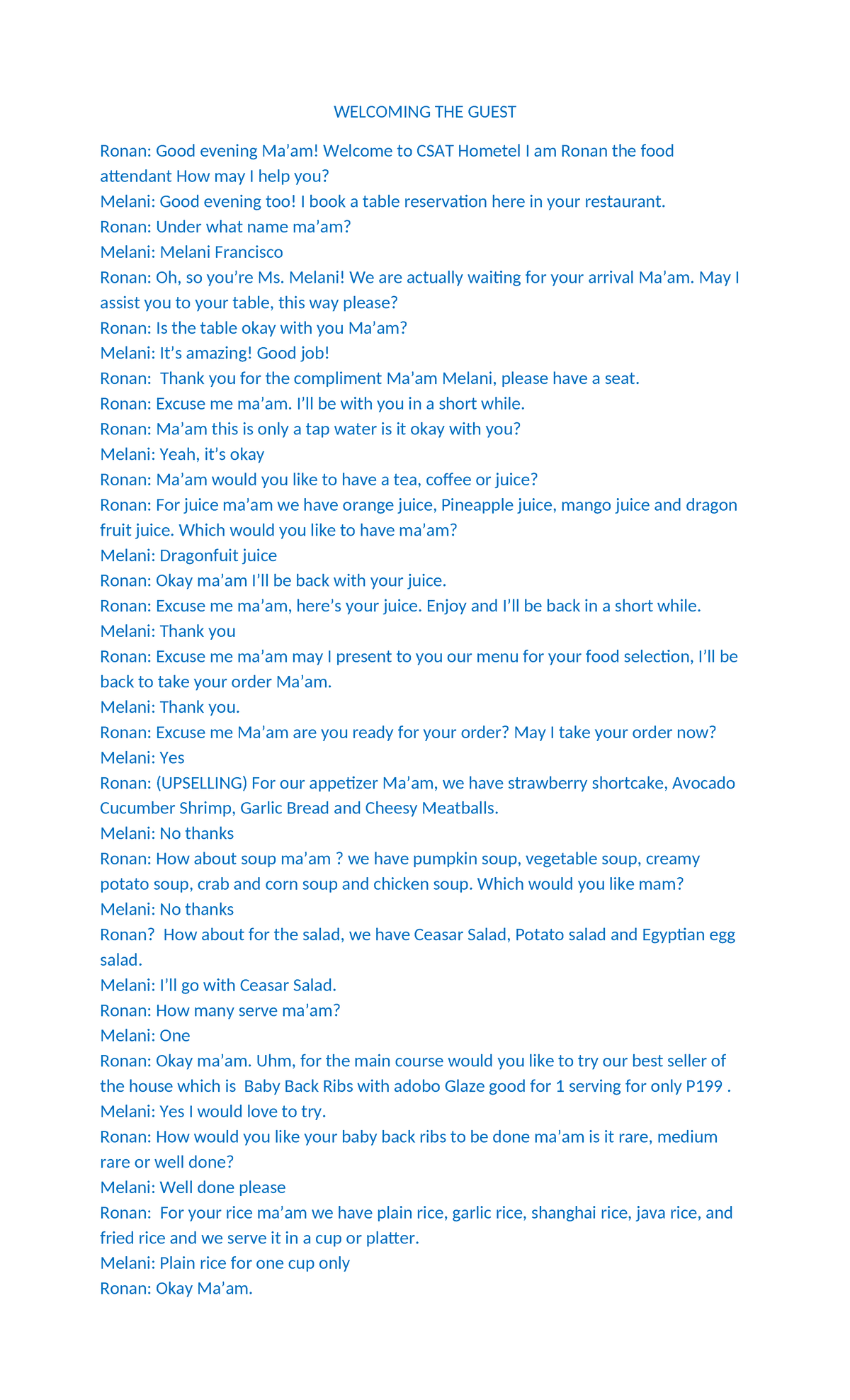 Welcoming THE Guest - Food and Beverage script - WELCOMING THE GUEST ...