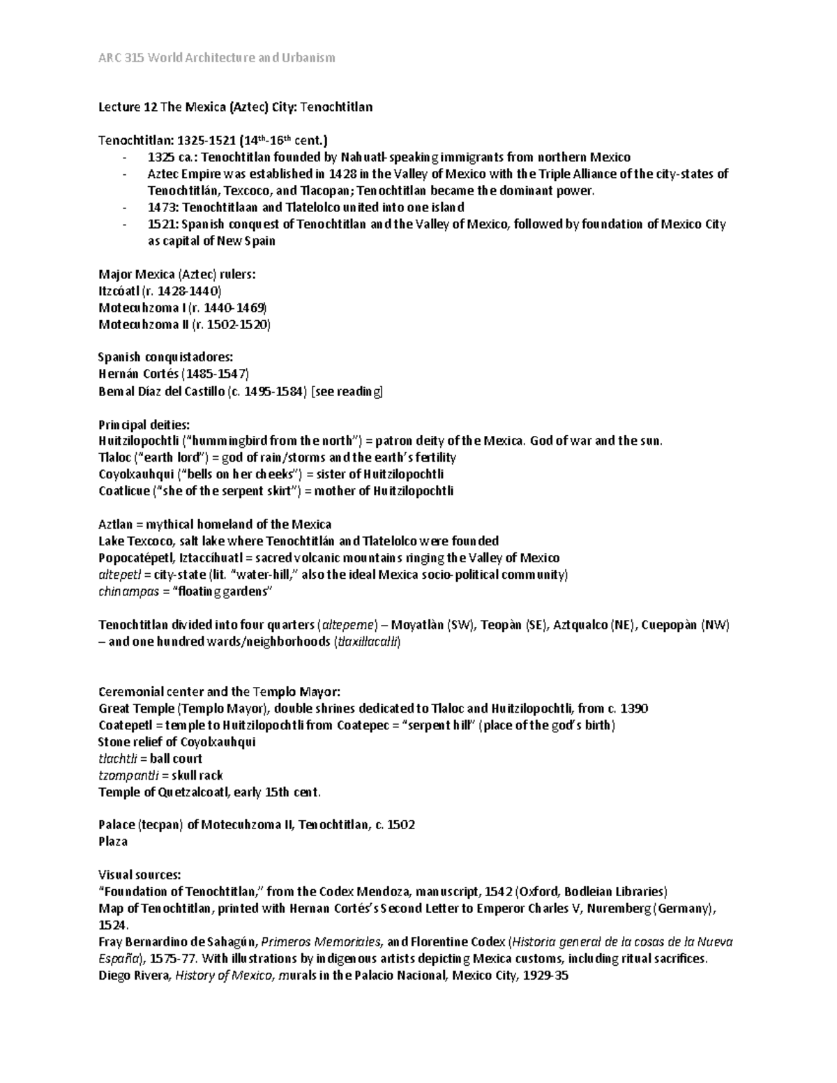 Handout Lecture 12 Tenochtitlan - Lecture 12 The Mexica (Aztec) City ...