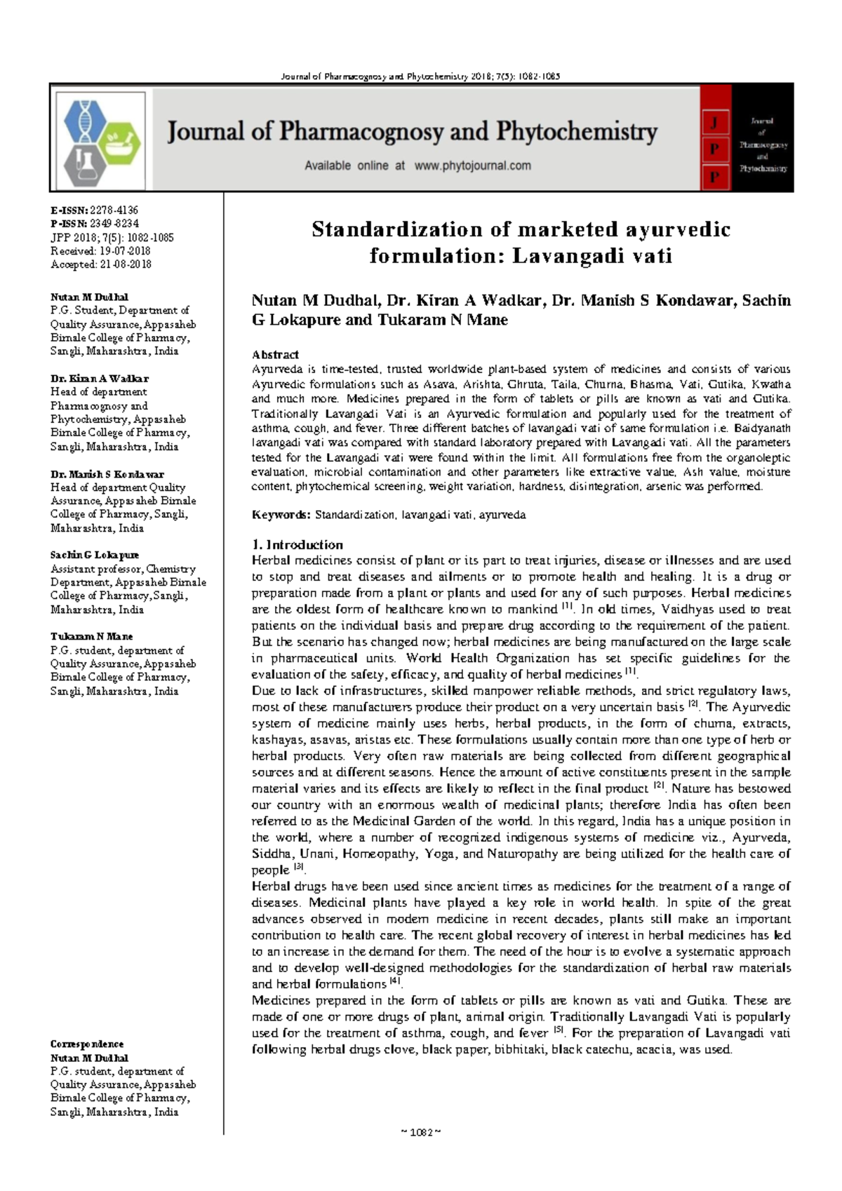 Journal of Pharmacognosy and Phytochemistry 2 - Student, Department of ...