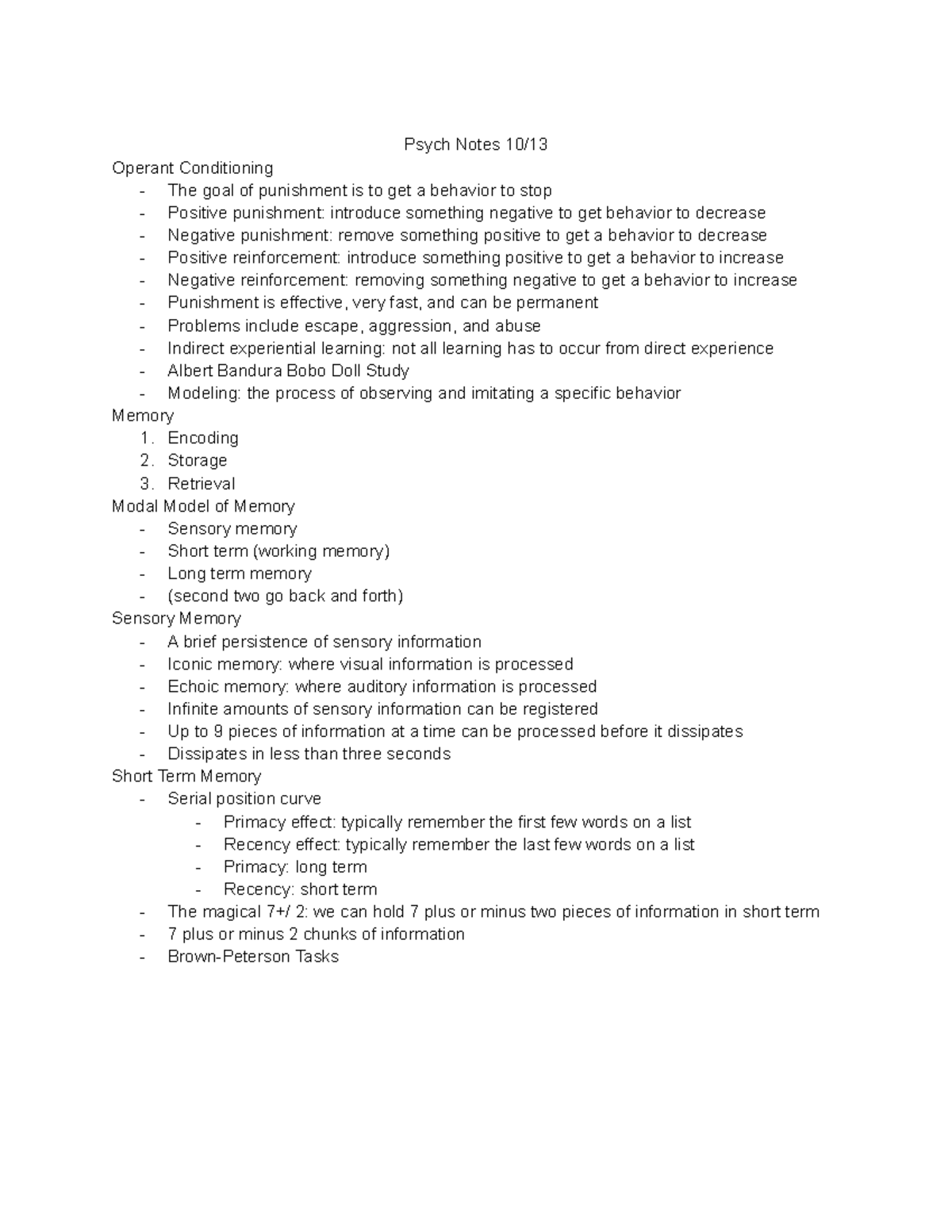 Psych Notes 10/12 - Psych Notes 10/ Operant Conditioning The goal of ...