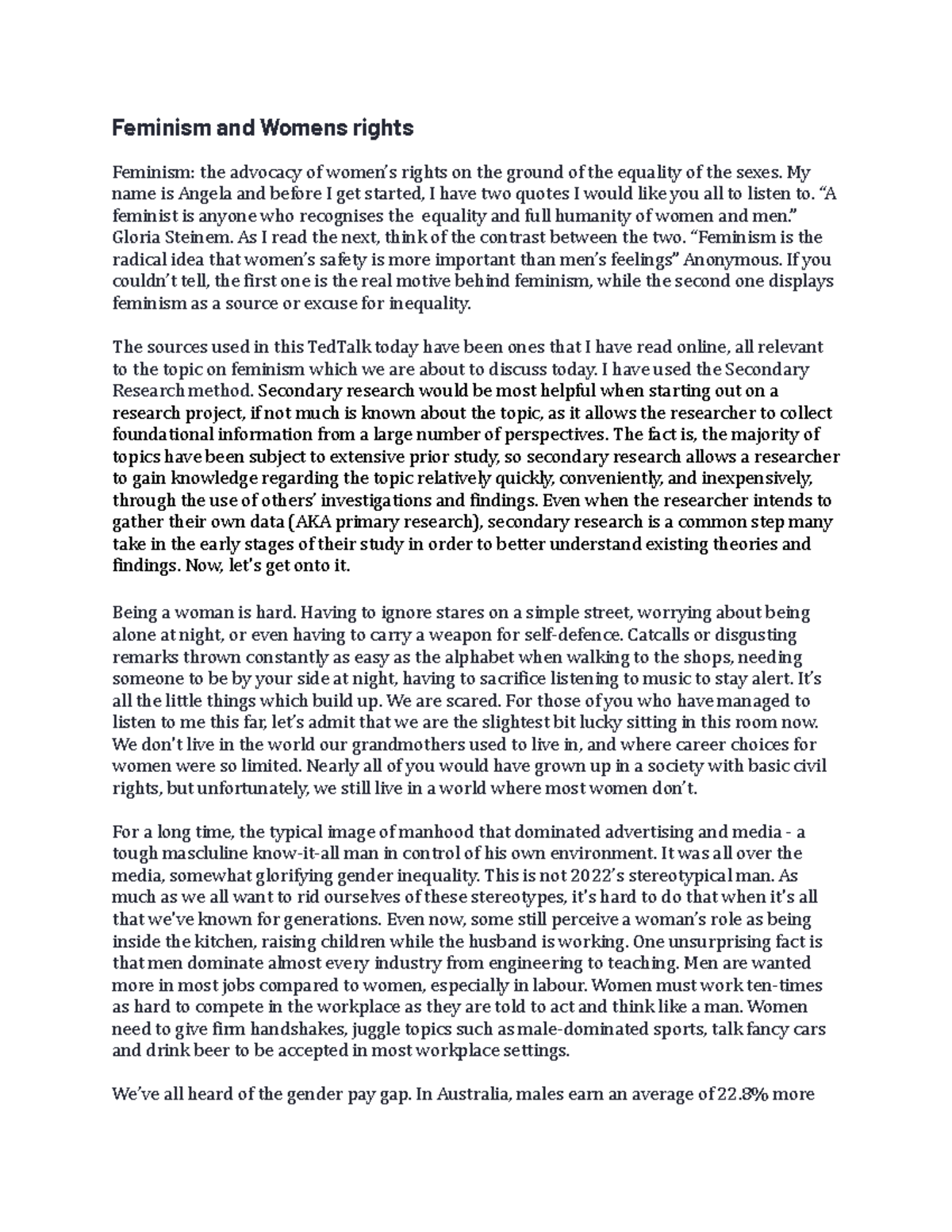 Society and Culture Feminism and Women's Rights speech - Feminism and ...