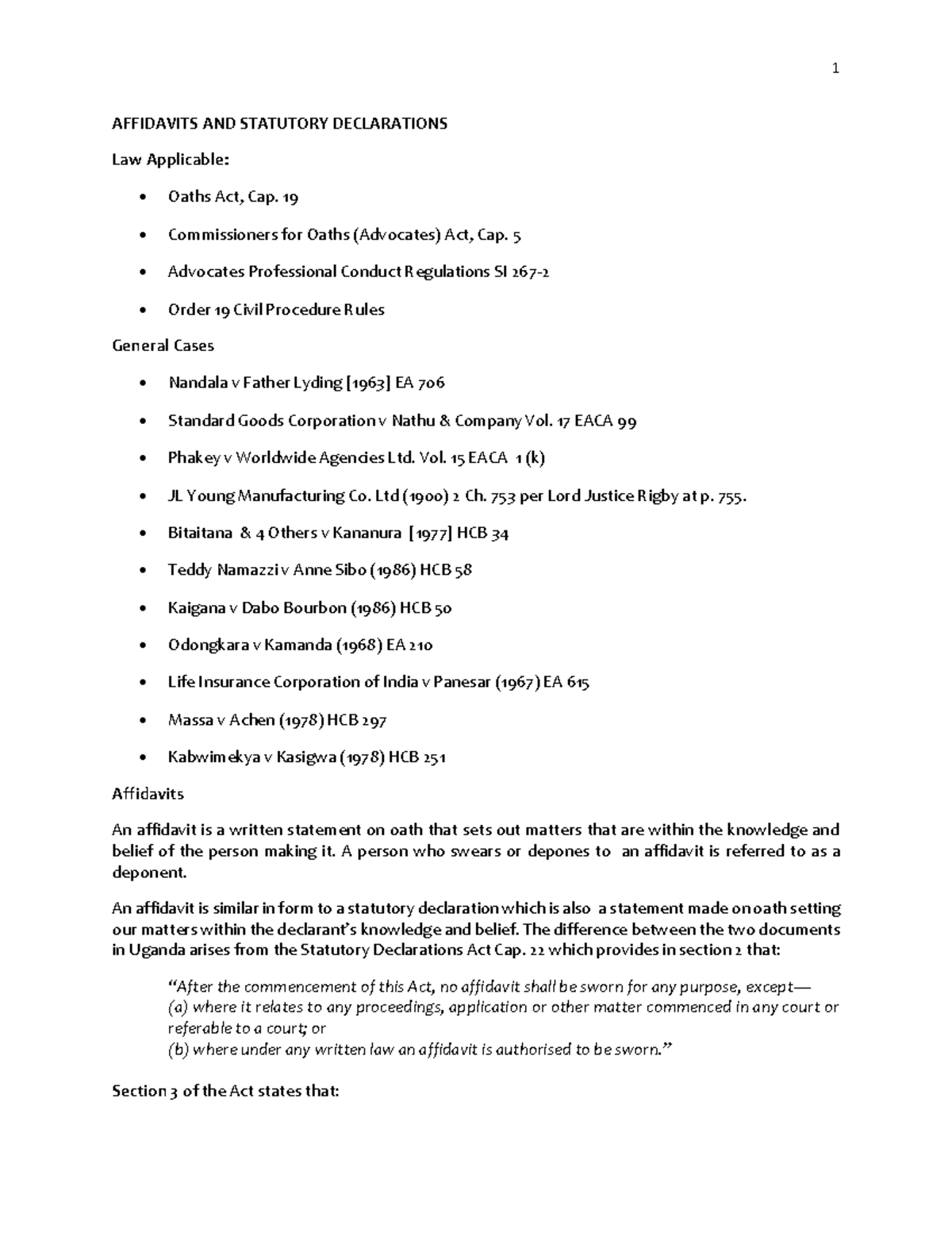Affidavits 2023 - AFFIDAVITS AND STATUTORY DECLARATIONS Law Applicable ...