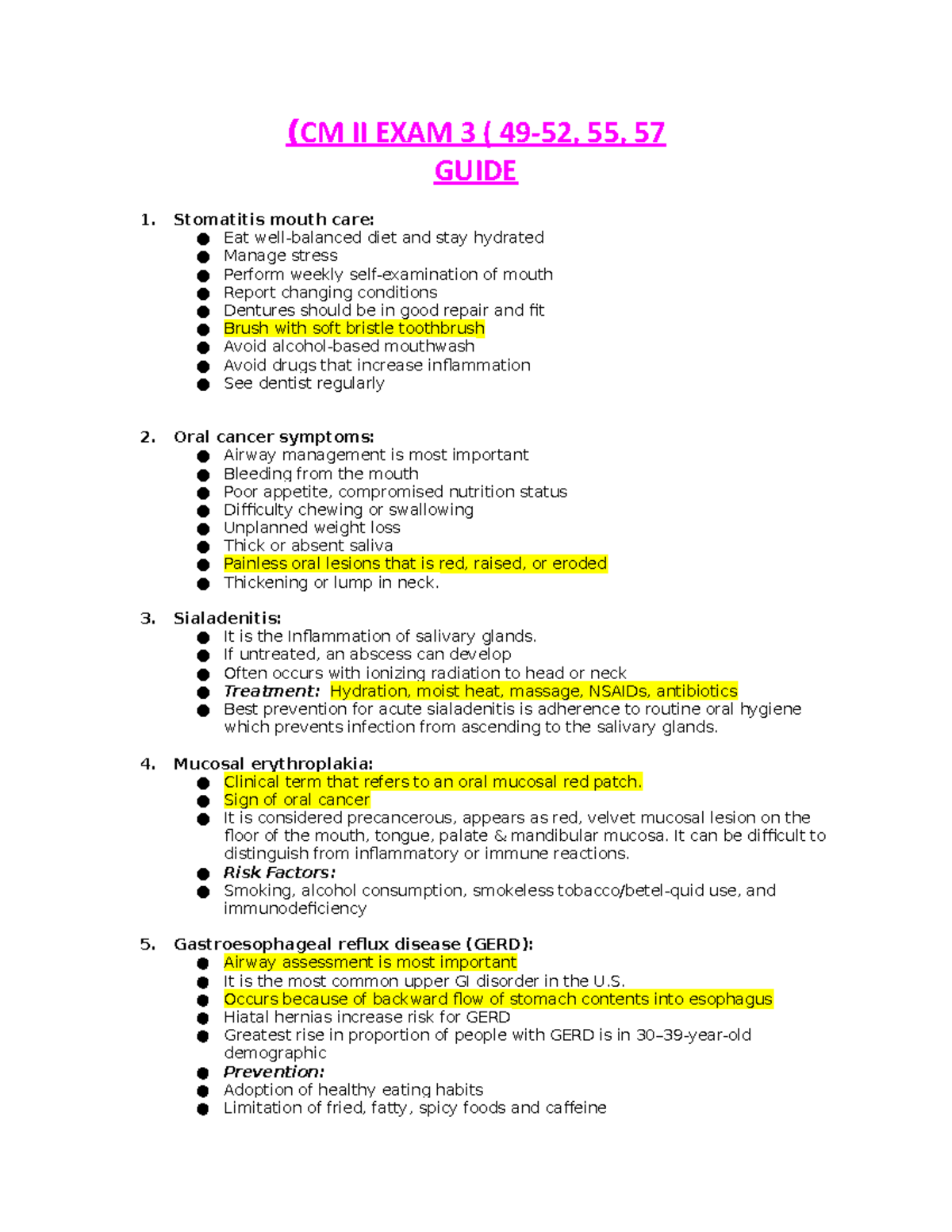 EXAM 3 CM Study Guide - Exam 3 summary - (CM II EXAM 3 ( 49-52, 55, 57 GUIDE Stomatitis mouth ...
