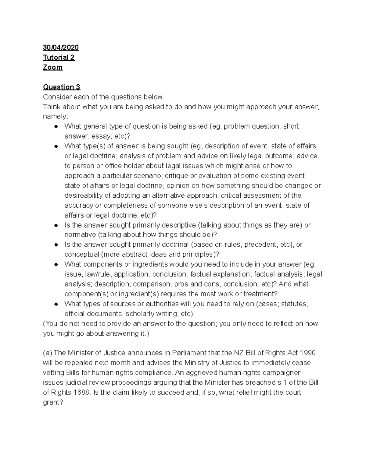 LAWS213-tutorial 2 - public law - Tutorial 2 Zoom Question 3 Consider ...