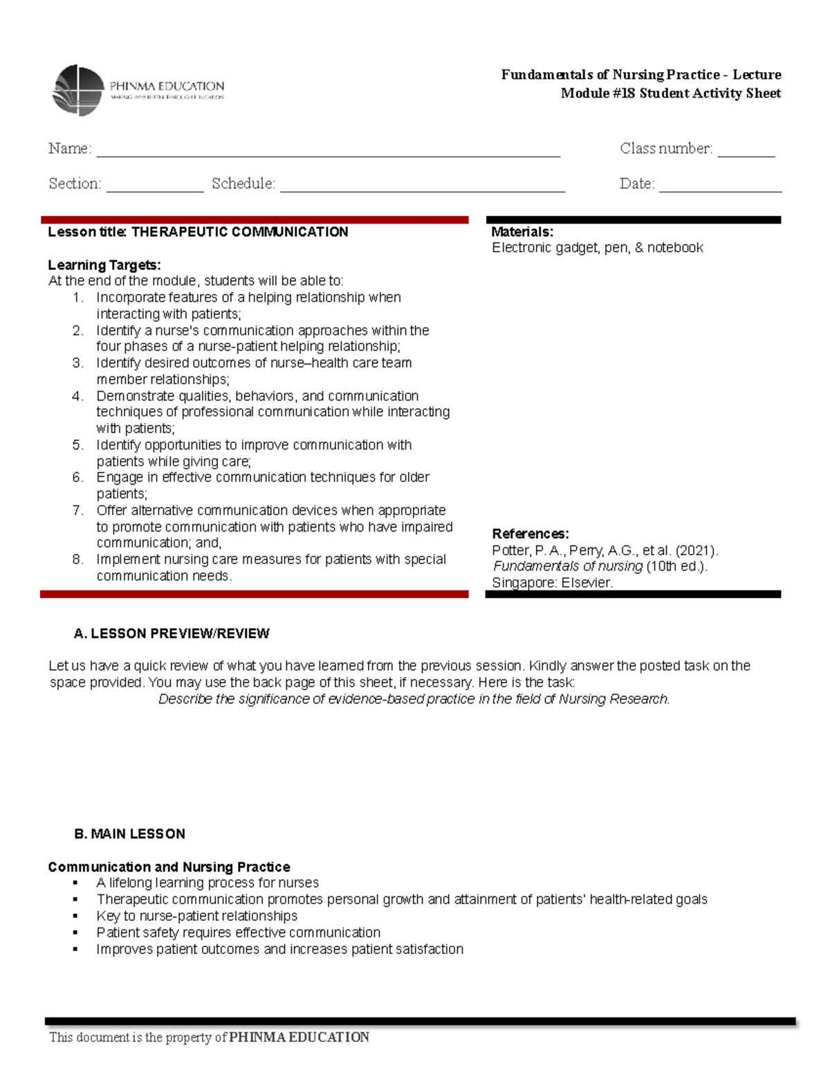 SAS ^N18 - Fundamentals of Nursing Practice (Lec) - Module #18 Student ...
