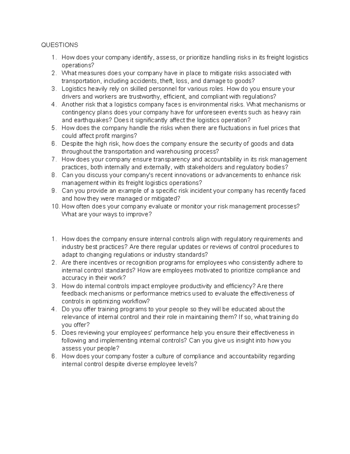 Questions - ERM - QUESTIONS How does your company identify, assess, or ...