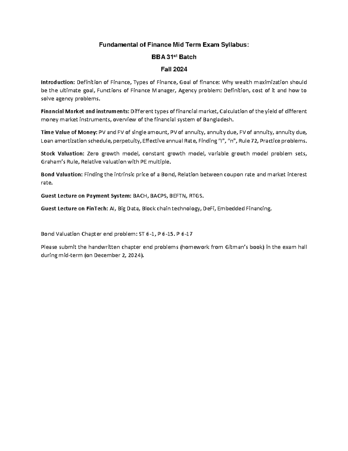 Fundamental of Finance Mid Term Exam Syllabus Fall 2024 - Fundamental of Finance Mid Term Exam ...