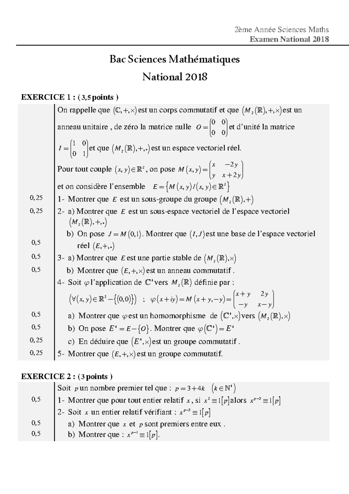 Examen National Mathematiques Sciences Maths 2018 Normale - Examen ...
