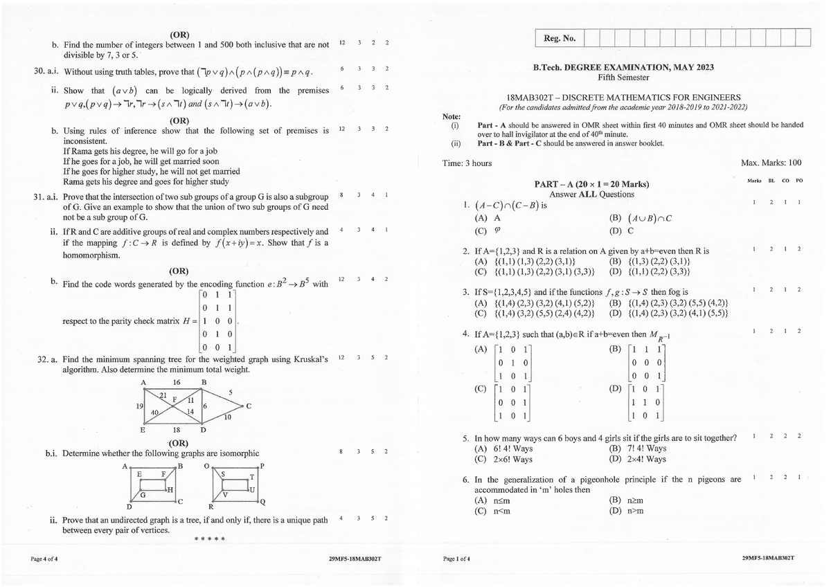 18MAB302T 29.05.2023 FN (2) - Discrete Mathematics - Studocu
