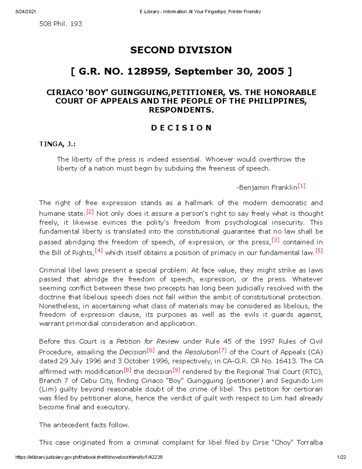 Guingguing v. People, G.R. No. 128959, 30 September 2005 - 508 Phil ...