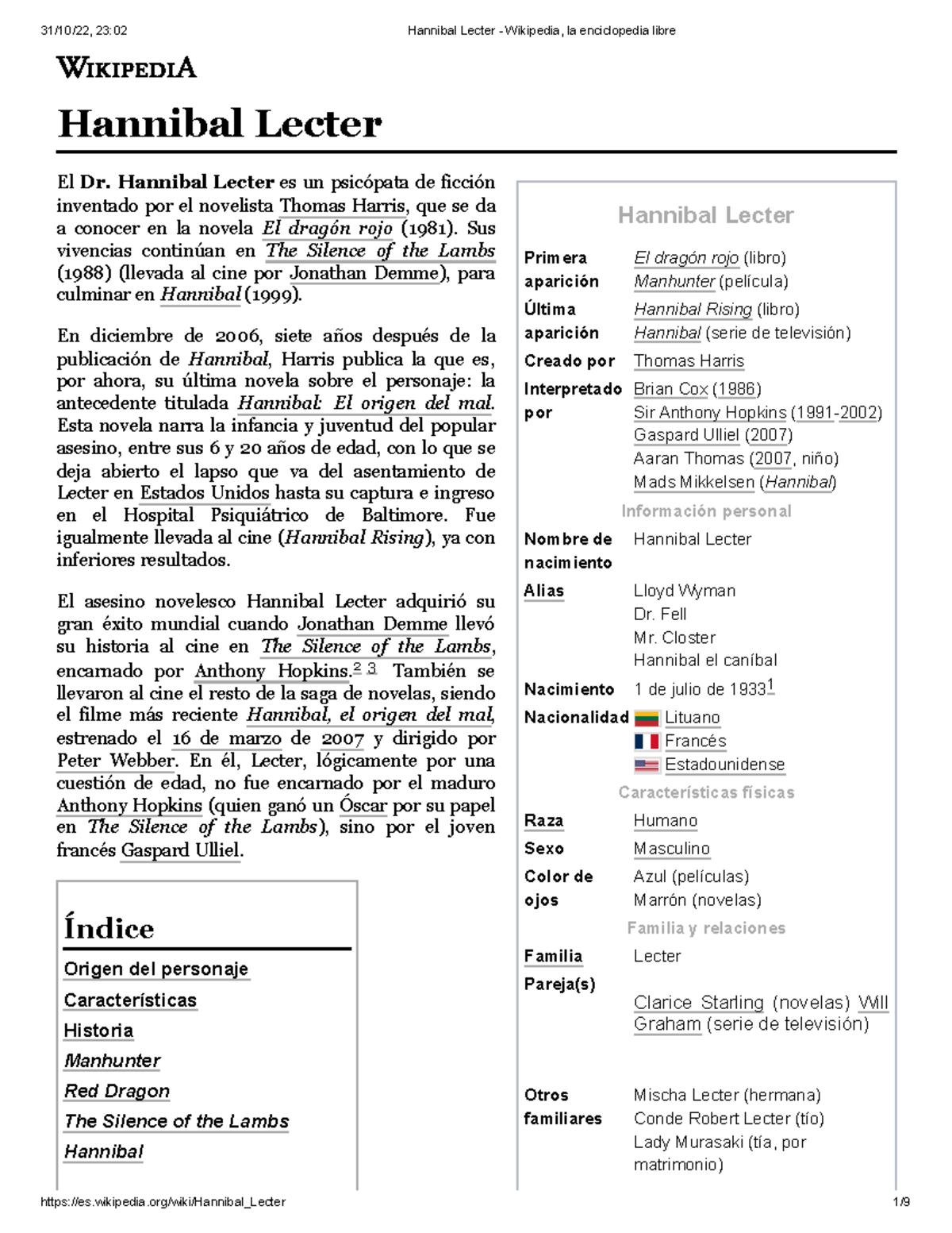 Hannibal Lecter - adfafdadf - Hannibal Lecter Primera aparición El dragón rojo (libro) Manhunter ...