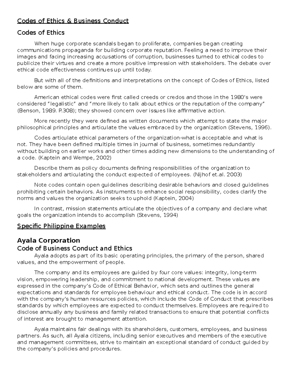 Besrnotes Sept 10 - N/A - Codes of Ethics & Business Conduct Codes of ...