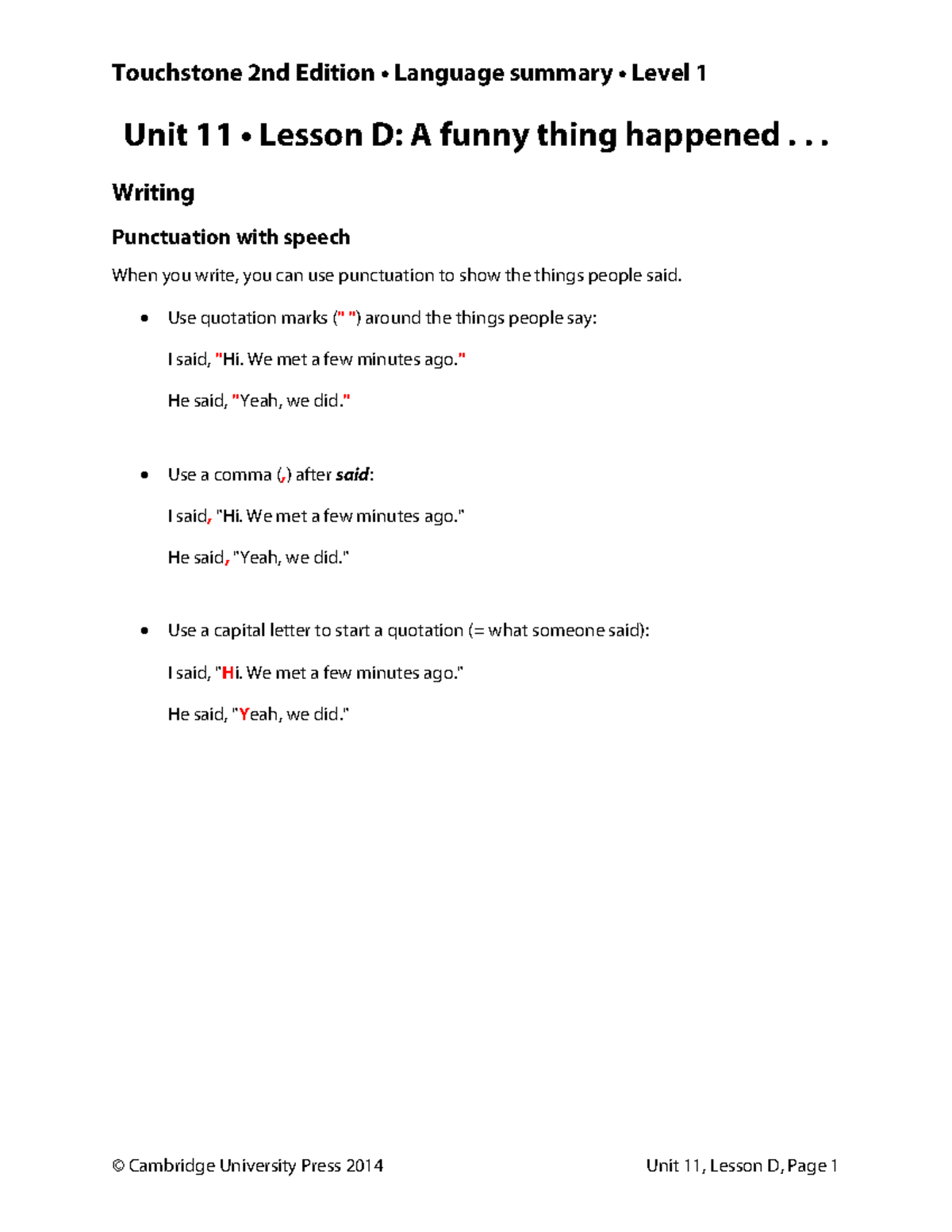 TS2e L1 U11 LD Langsum - introduccion a la materia - Touchstone 2nd Edition • Language summary ...