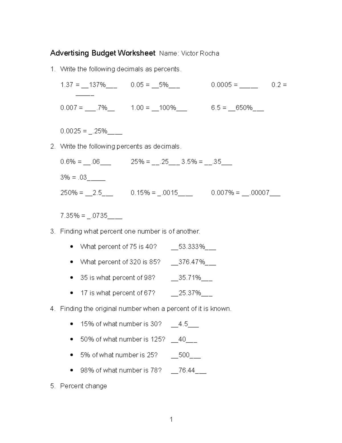 Budgeting HW 1 - Advertising Budget Worksheet Name: Victor Rocha Write ...