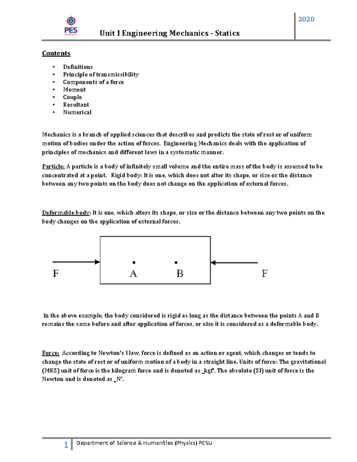 UE20CV101 Lecture Notes U1 202007 15185100 - Engineering Mechanics ...
