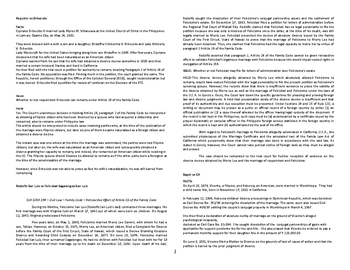 Case digest - Republic vs Orbecido Facts: Cipriano Orbecido III married ...