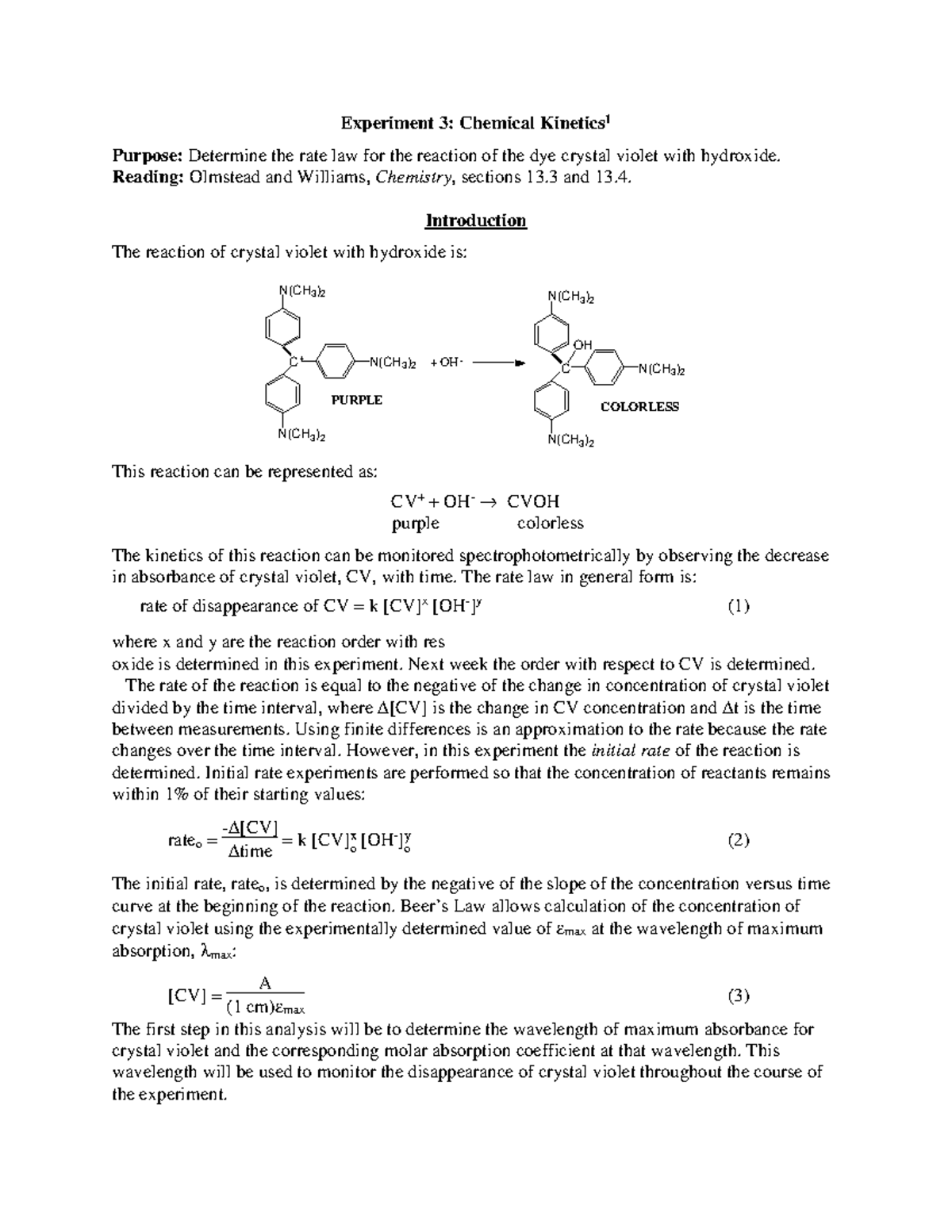 Chemical Kinetics: Determining Rate Law for Dye Crystal Violet Reaction ...