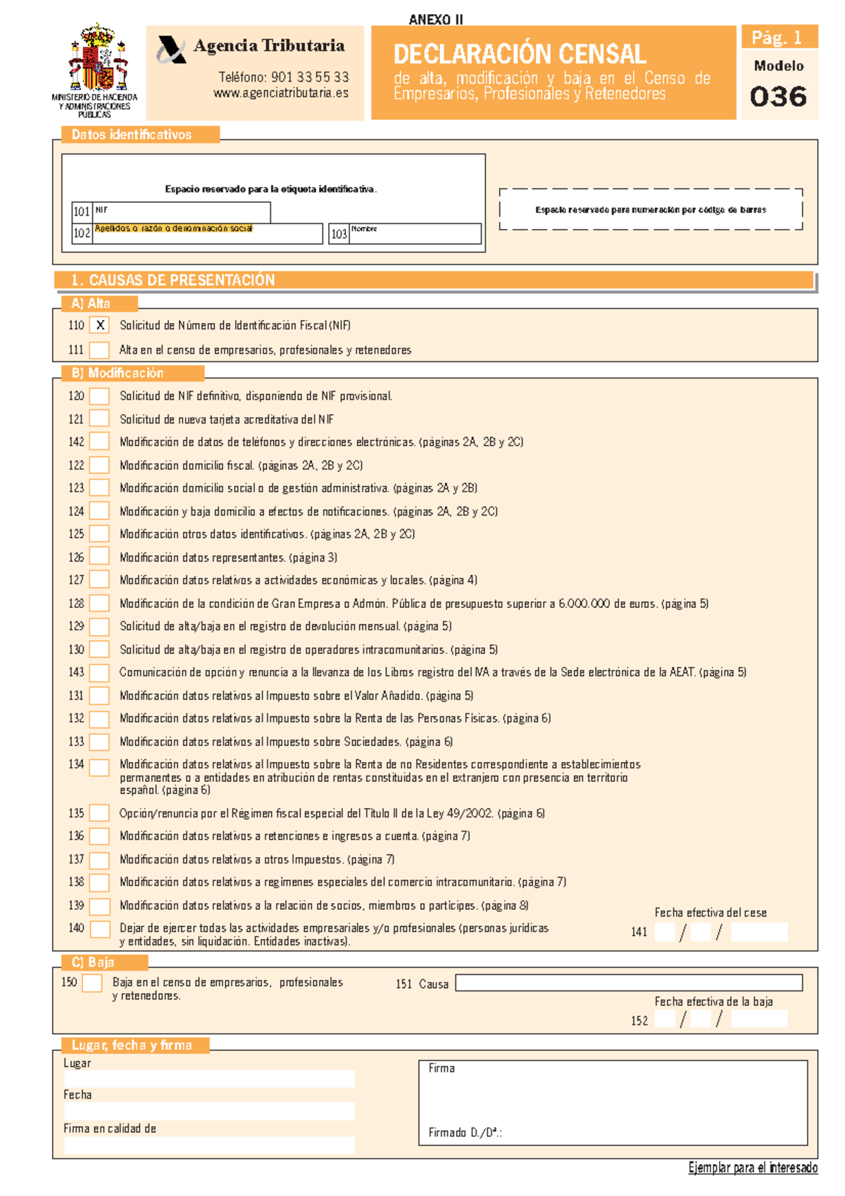 Anexo Ii Modelo 036 Declaración Censal De Alta Modificación Y Baja