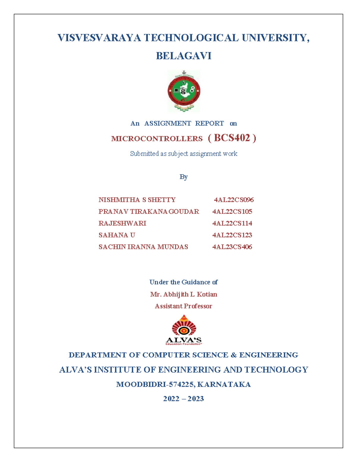Assignment Report Format Microcontrollers - VISVESVARAYA TECHNOLOGICAL ...
