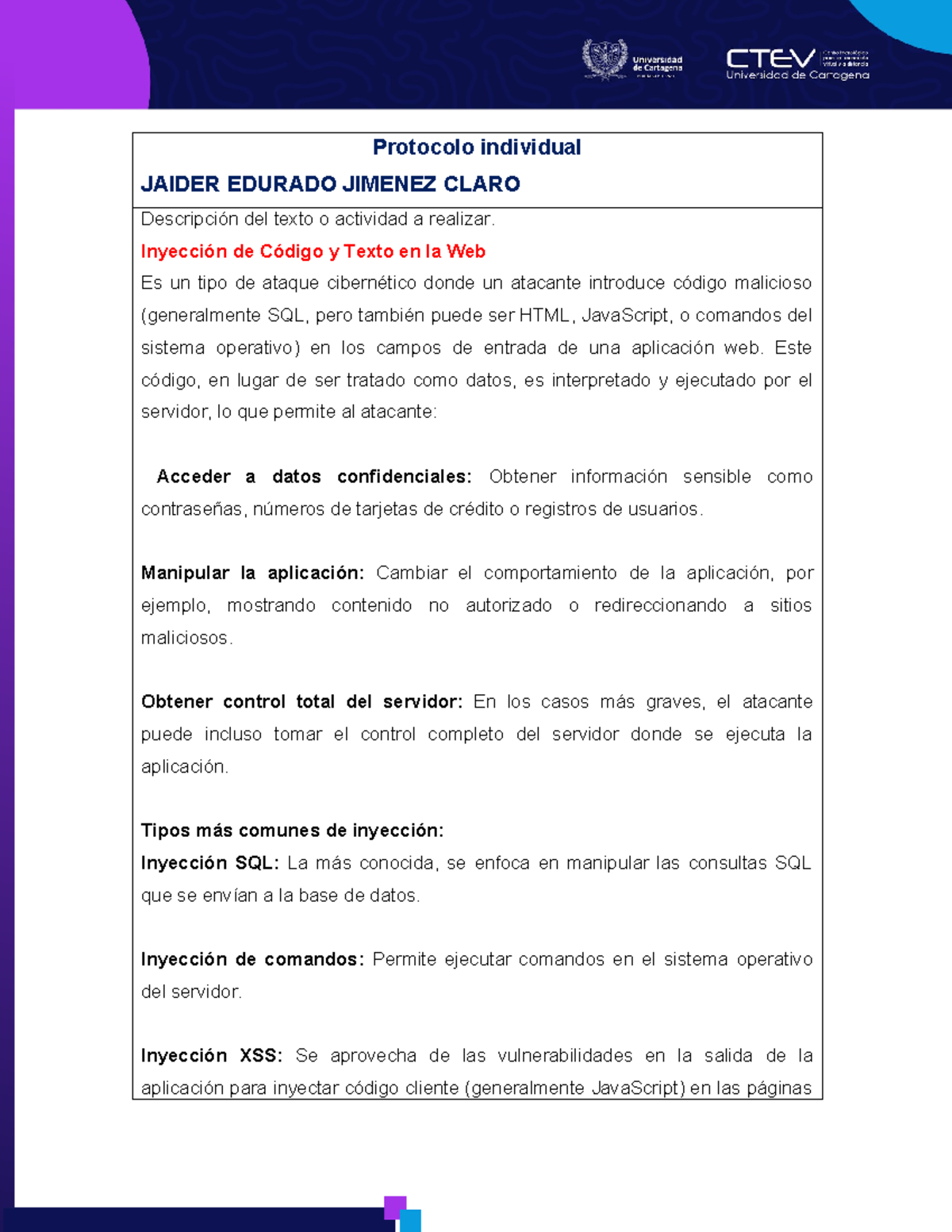 Protocolo indivual #2 de seguridad de software - Protocolo individual ...