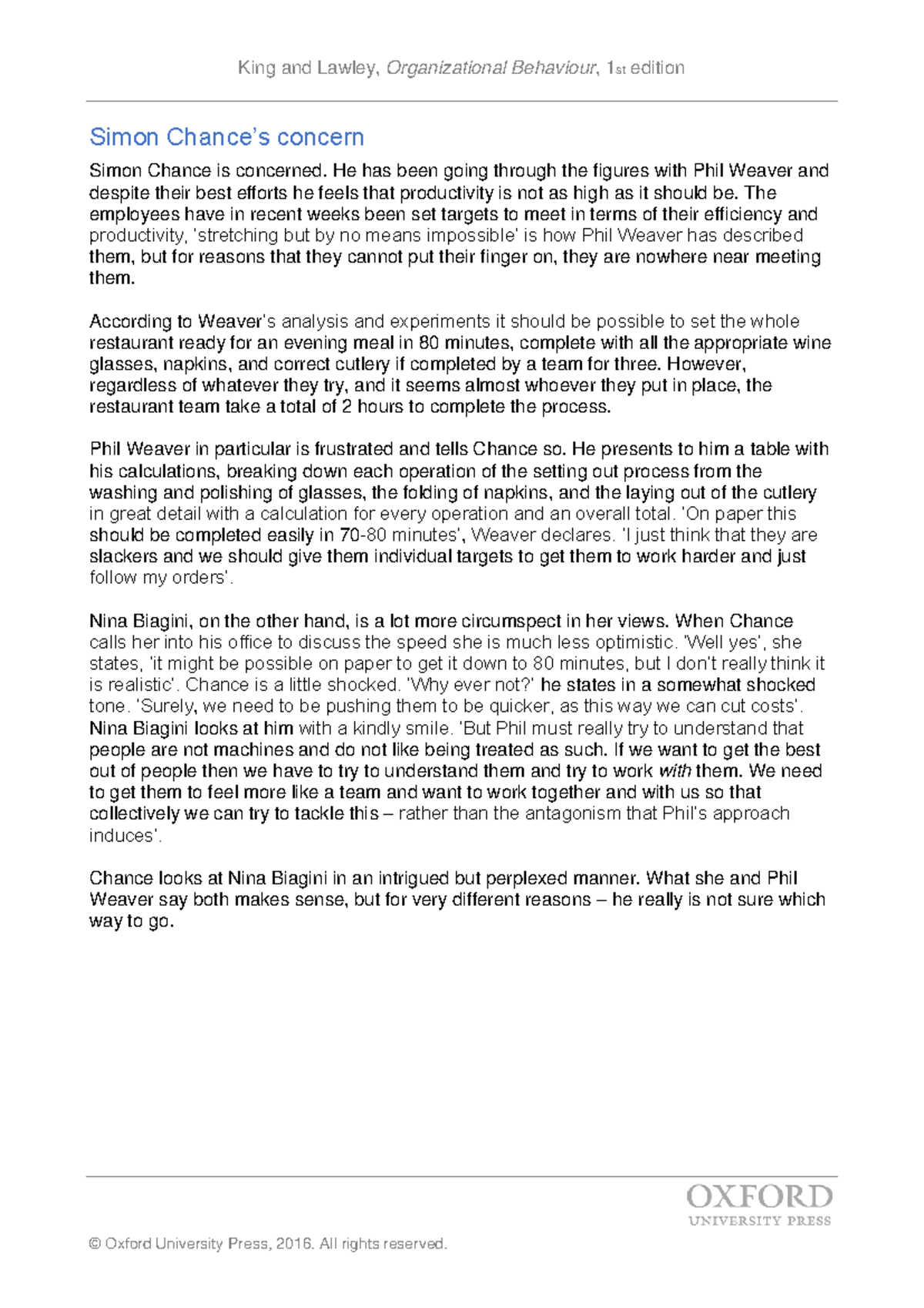 Simon Chance's concern-1 - King and Lawley, Organizational Behaviour ...