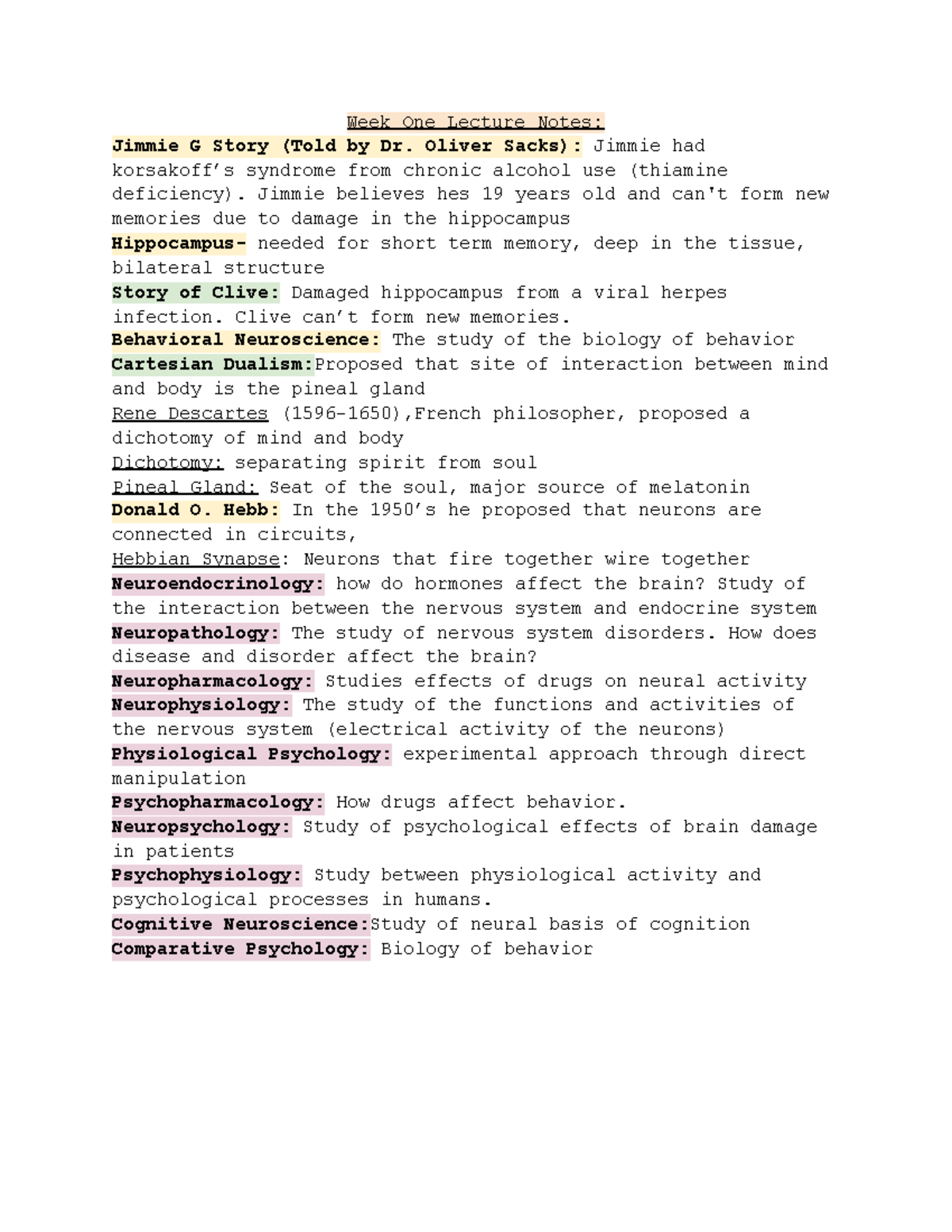 BNS Notes week 1+2 - Week One Lecture Notes: Jimmie G Story (Told by Dr ...