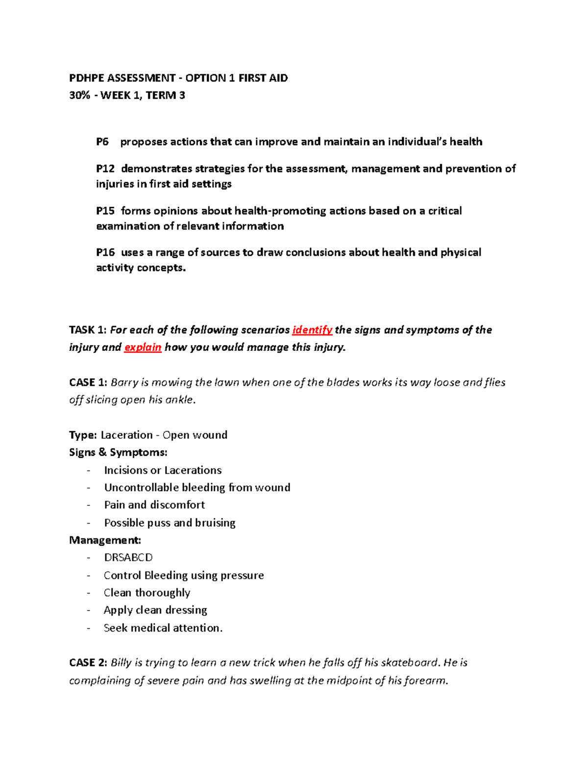 Pdhpe Assessment - Option 1 First AID - PDHPE ASSESSMENT - OPTION 1 ...