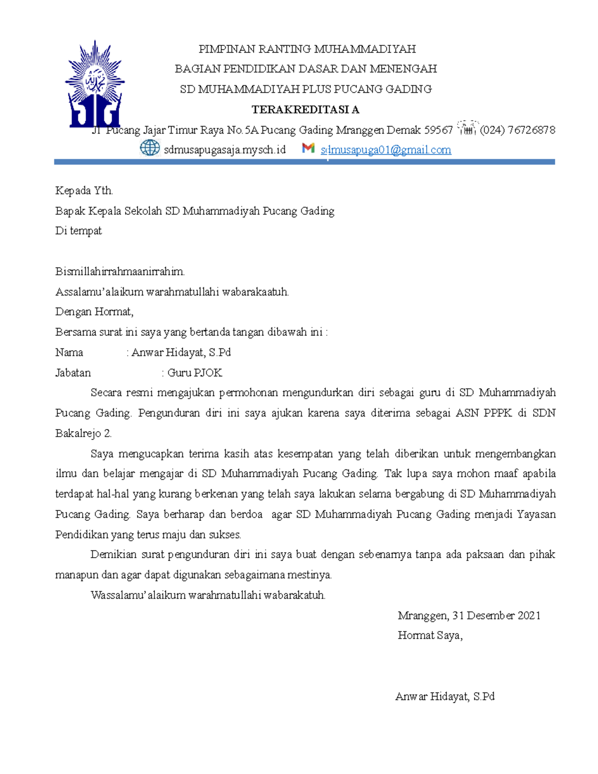 Surat Pengunduran diri - PIMPINAN RANTING MUHAMMADIYAH BAGIAN ...