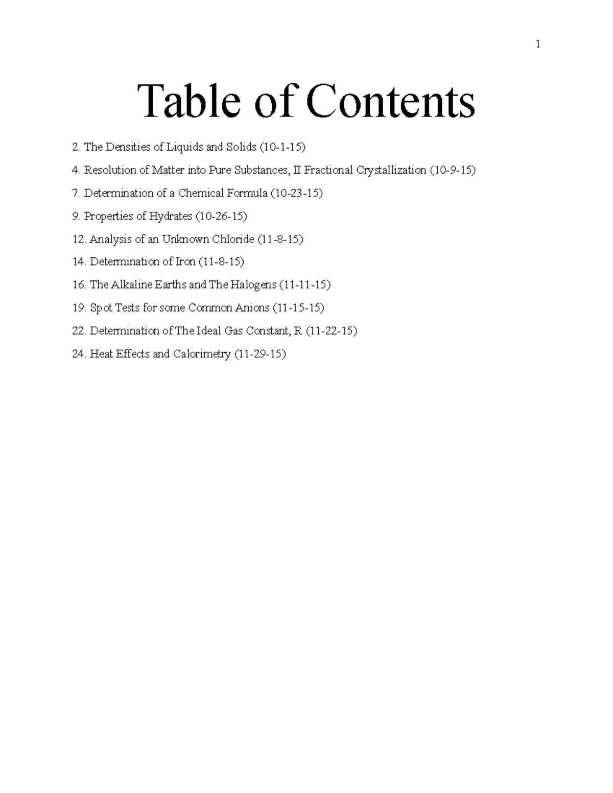 CHEM 1101-1D Lab Notes - Table of Contents The Densities of Liquids and ...