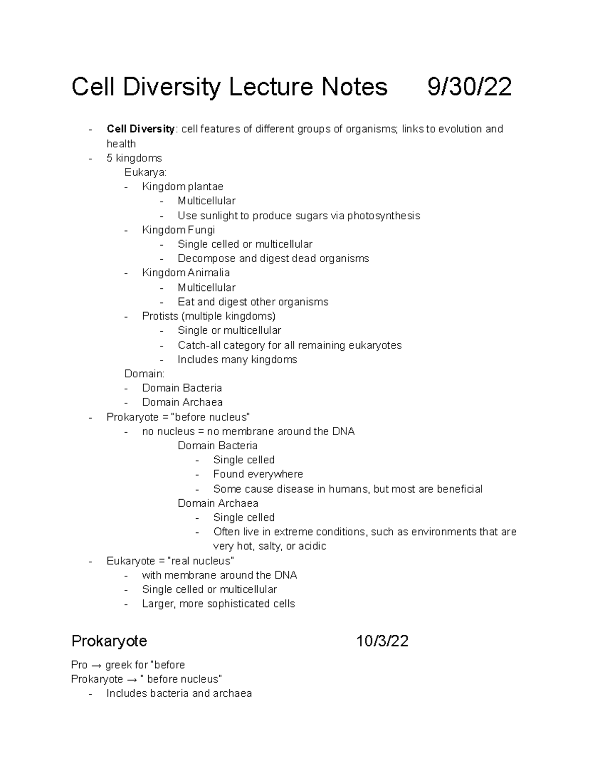 Cell Divsersity - Cell Diversity Notes - Cell Diversity Lecture Notes 9 ...