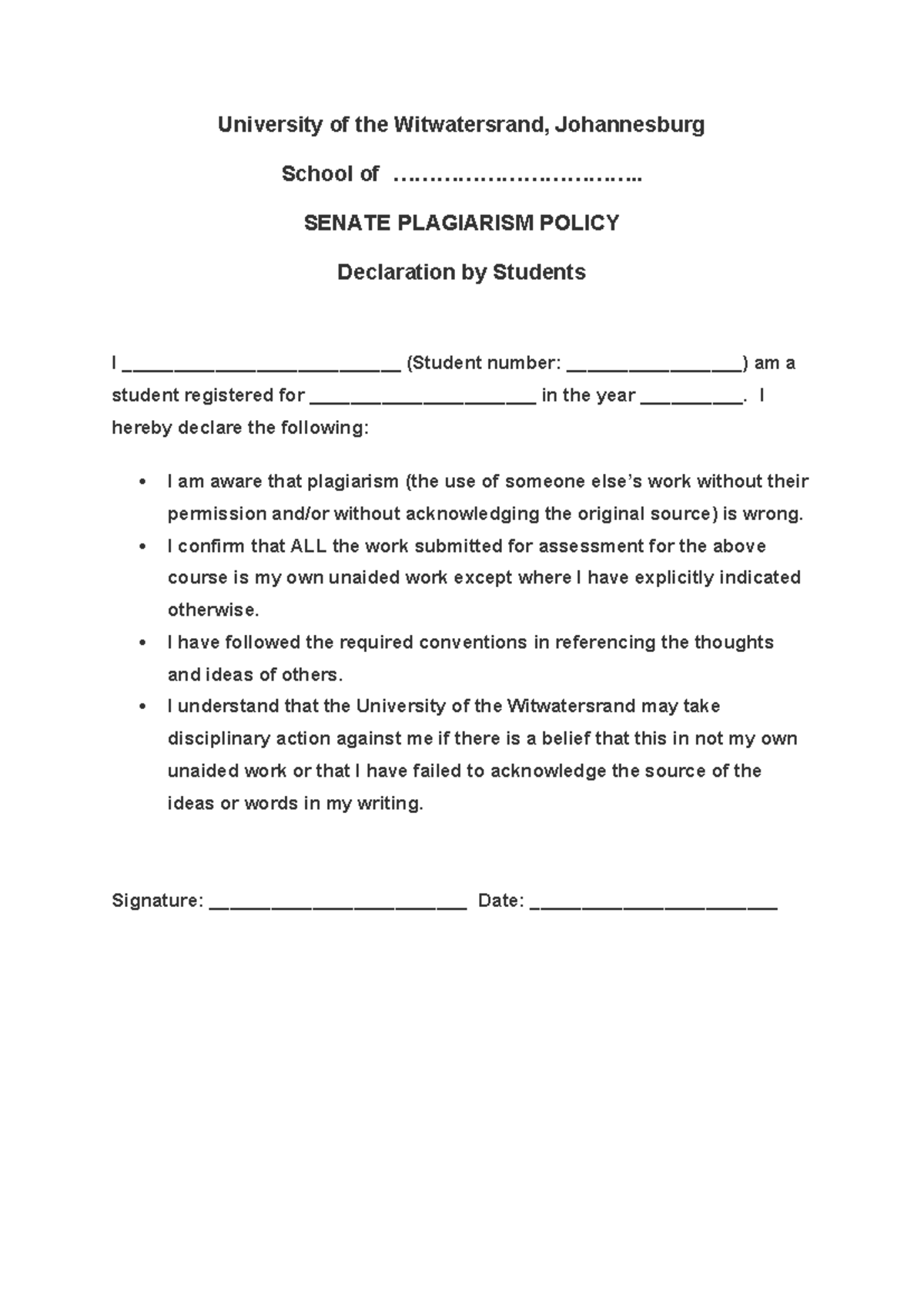 Wits Plagiarism Declaration form-1 - University of the Witwatersrand ...