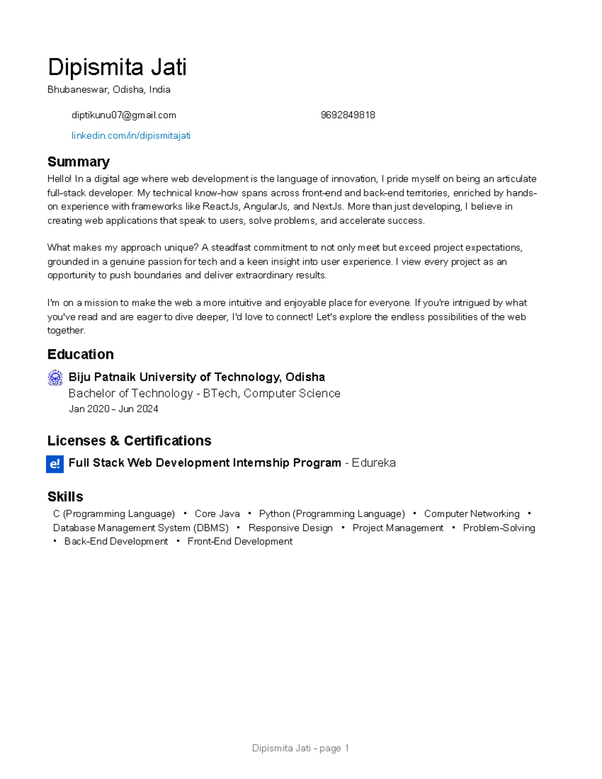 Resume-Dipismita-Jati - Dipismita Jati Bhubaneswar, Odisha, India ...