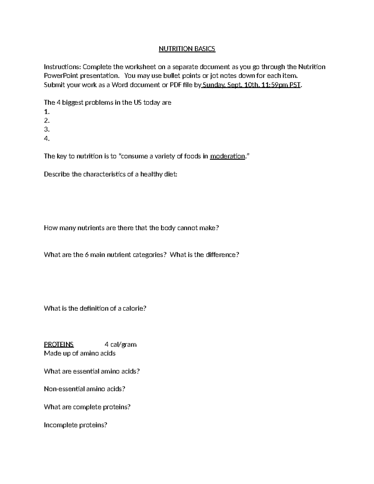 Nutrition Worksheet - hw , in class - NUTRITION BASICS Instructions ...