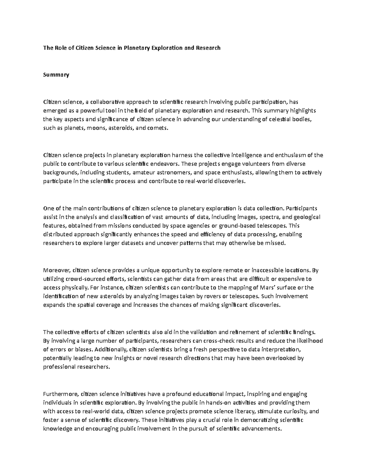 The Role of Citizen Science in Planetary Exploration and Research ...