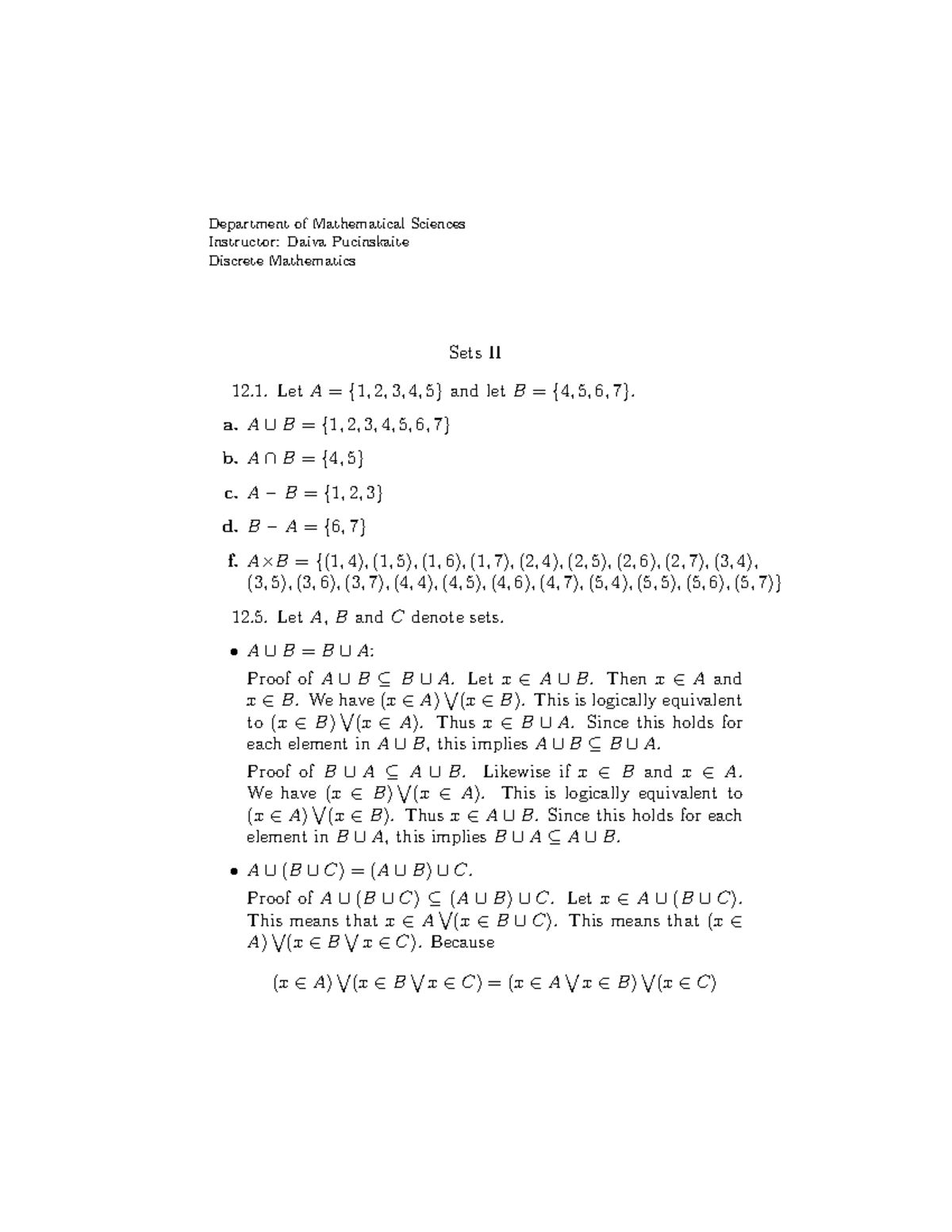 HW Solution Discrete Mathematics Sets - Department of Mathematical ...