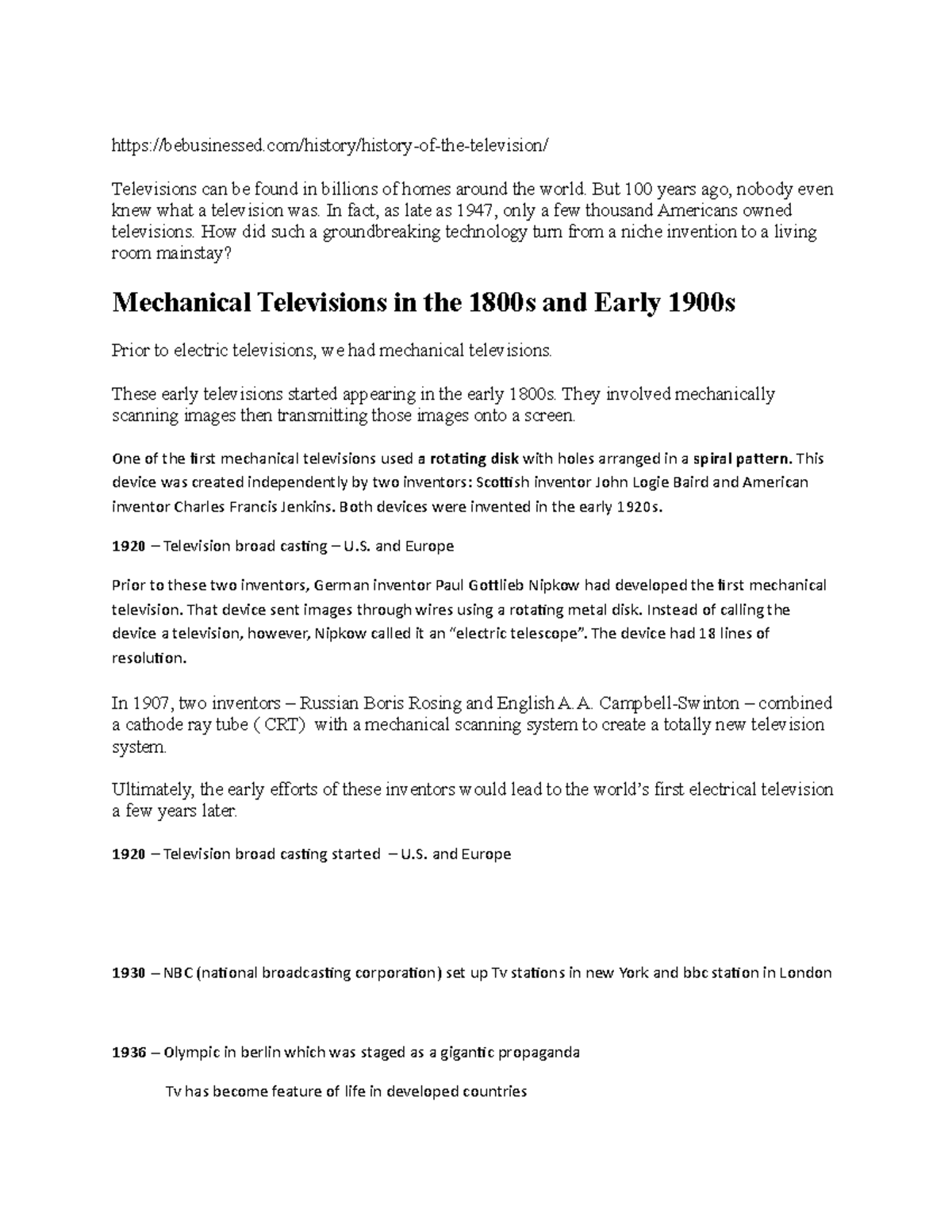 History of tv - Lecture notes 1 - bebusinessed/history/history-of-the ...