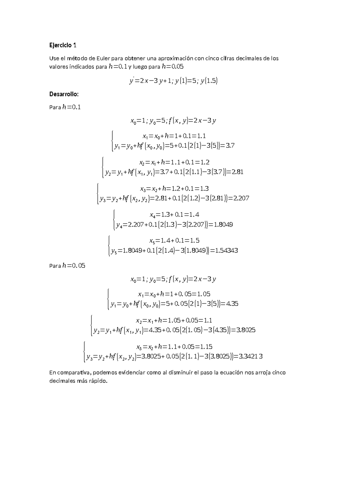 1-Metodo de Euler - Ejercicio 1 Use el método de Euler para obtener una aproximación con cinco ...