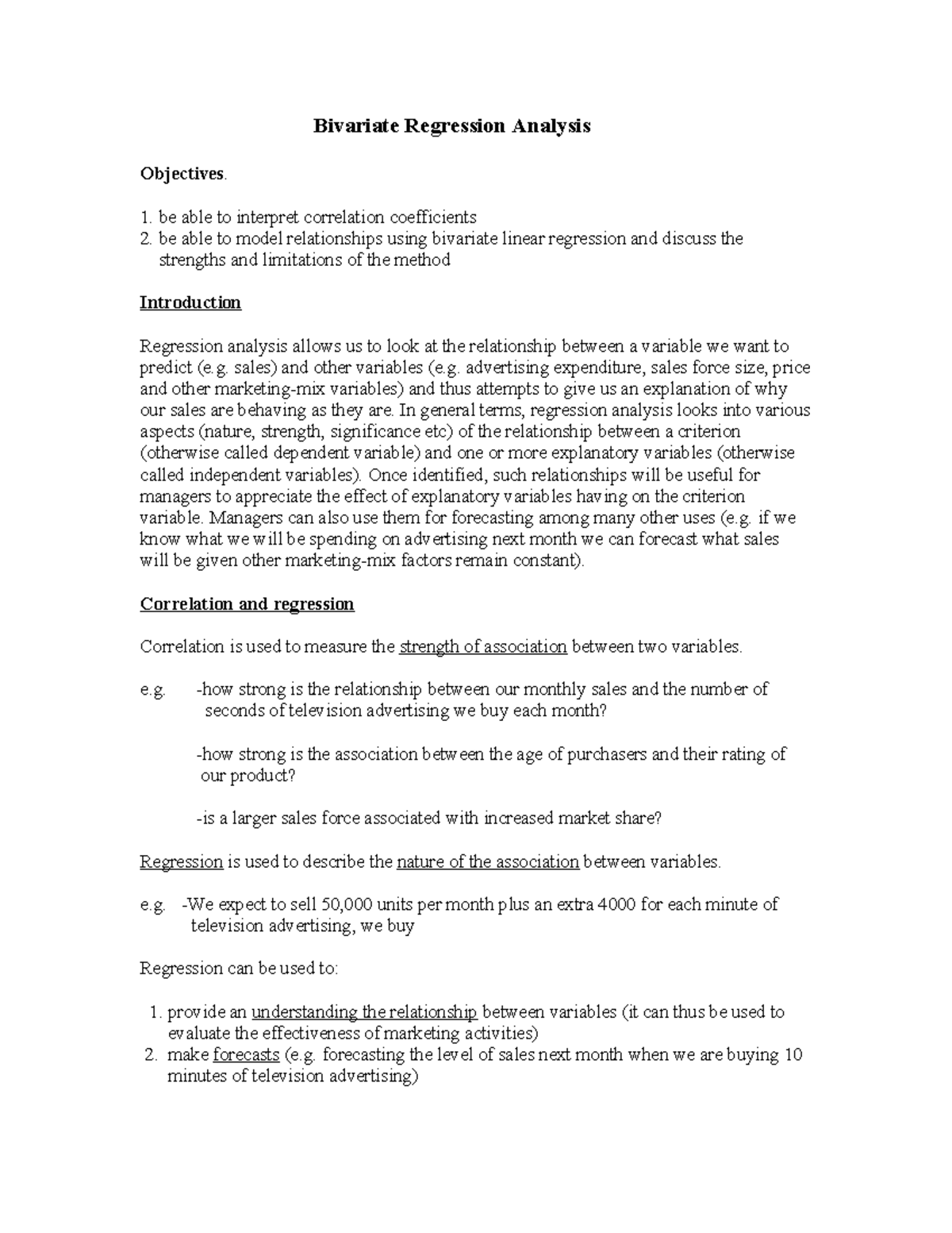 Bivariate Regression Analysis Notes 2023 24 Bivariate Regression Analysis Objectives 1 Be